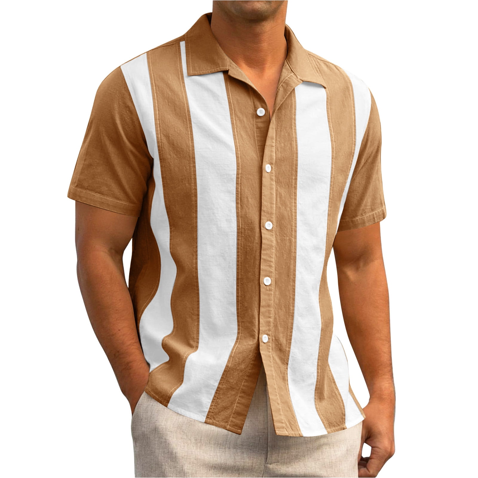 Mens Vintage 70S Shirts Retro Contrast Color Striped Button Down Cuban ...