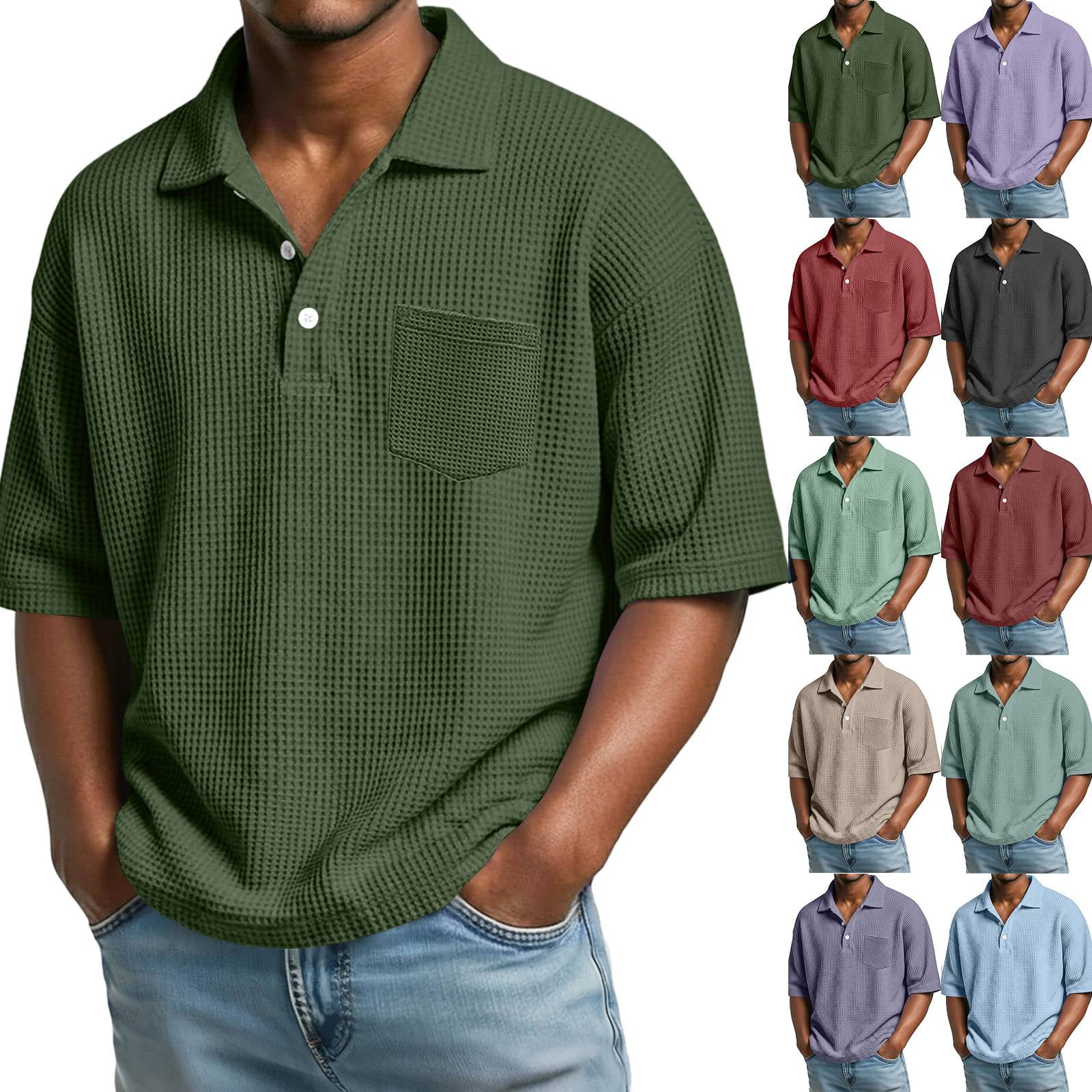 Mens Waffle Polo Shirts Collared Short Sleeve Top Loose Fit Casual ...