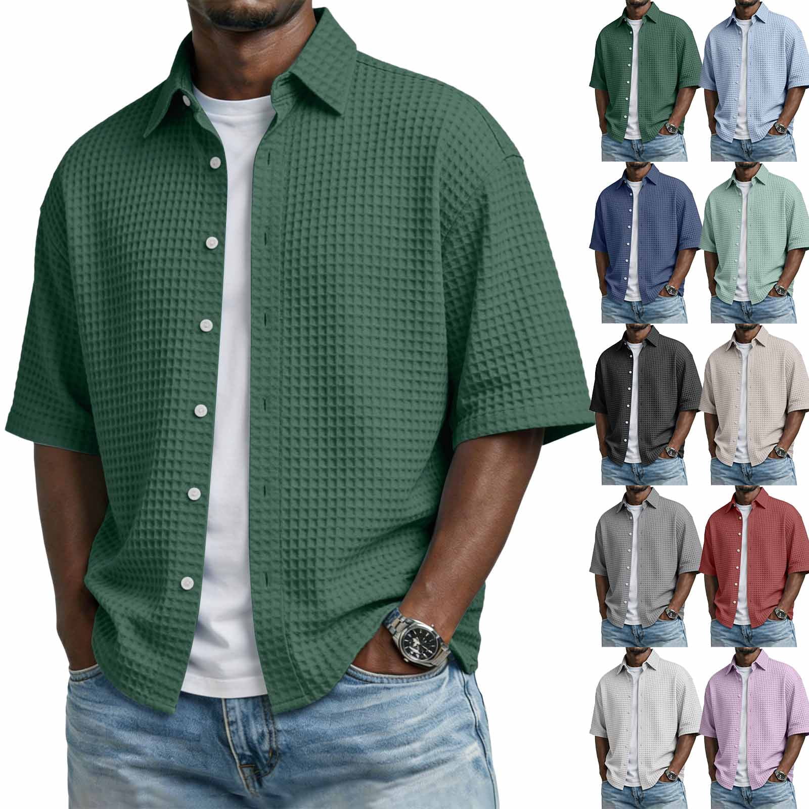 Mens Waffle Short Sleeve Button Down Shirt Lightweight Casual Beach ...