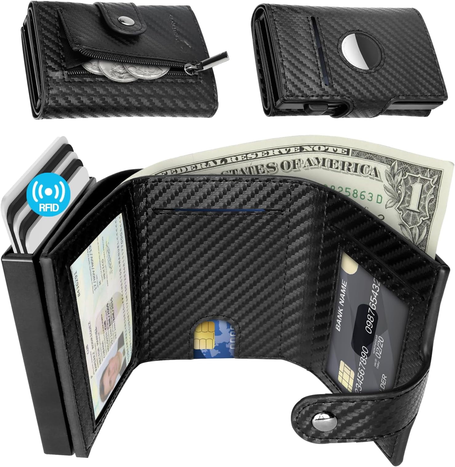 Mens Wallet Credit Card Holder - with AirTag Holder, 2 ID Windows ...