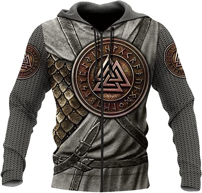 Mens Warrior Armor Celtic Knot Tattoo Full Zip Hoodie, Norse Mythology 3D Printed Long Sleeve ...
