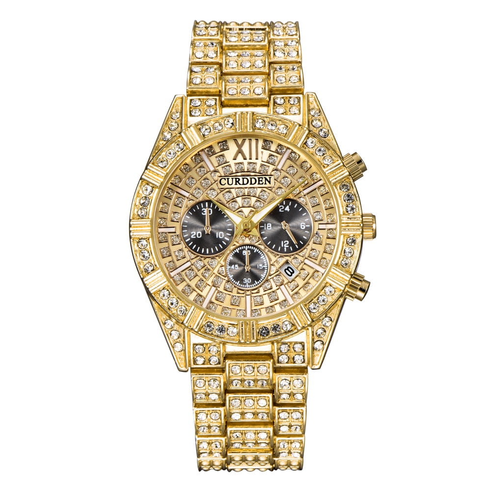 Mens Watches Fashion Bussiness Steel Belt Calendar Full Diamonds Wrist ...