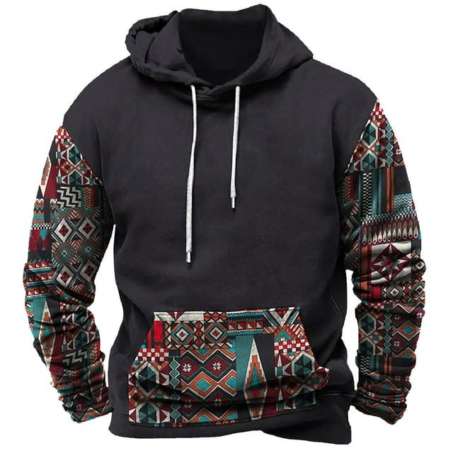 Mens Western Aztec Hooded Sweatshirts Ethnic Print Graphic Patchwork