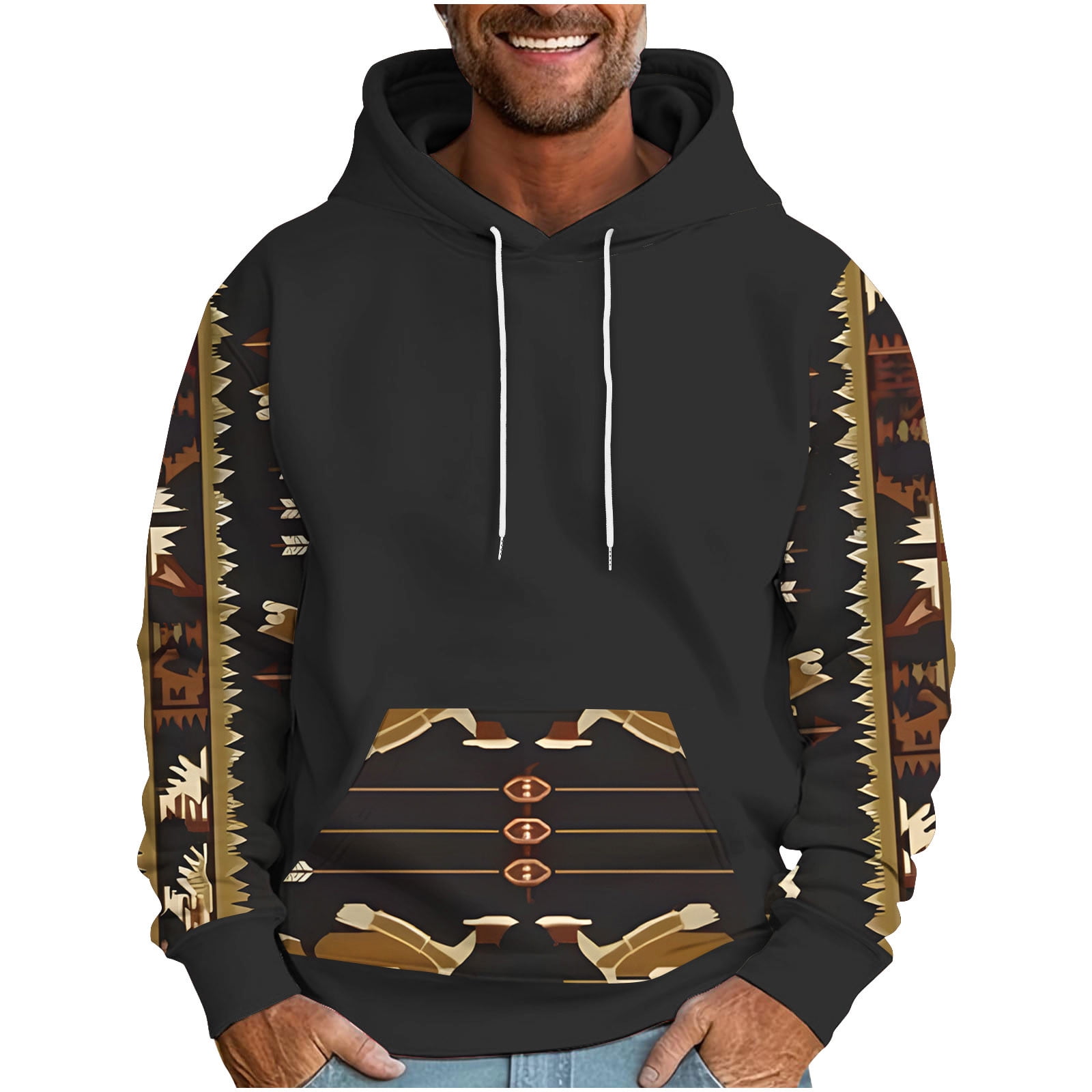 Mens Western Aztec Plus Size Sweatshirts Drawstring Ethnic Print Graphic Patchwork Hoodies ...