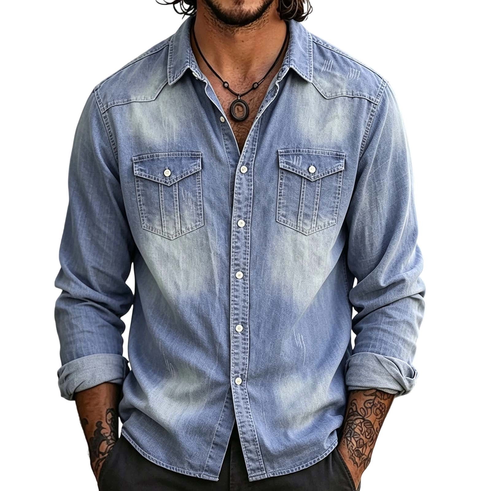Mens Western Button up Denim Shirt Washed Cotton Blend Long Sleeve ...