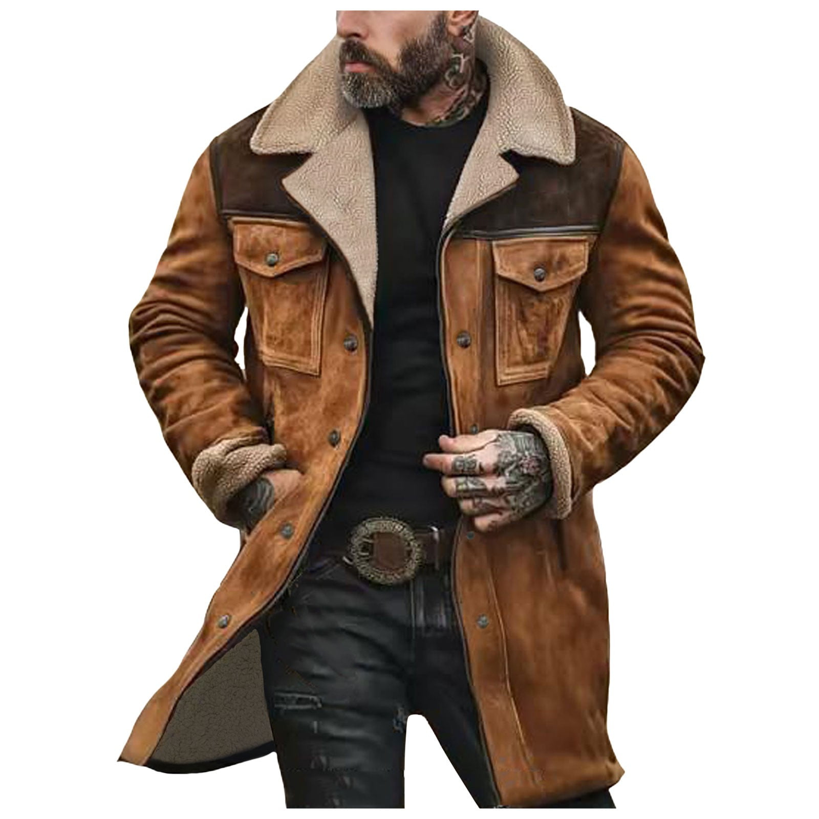 Mens Western Cowboy Jacket Distressed Suede Long Trench Coats Zip Up Sherpa Collar Leather ...