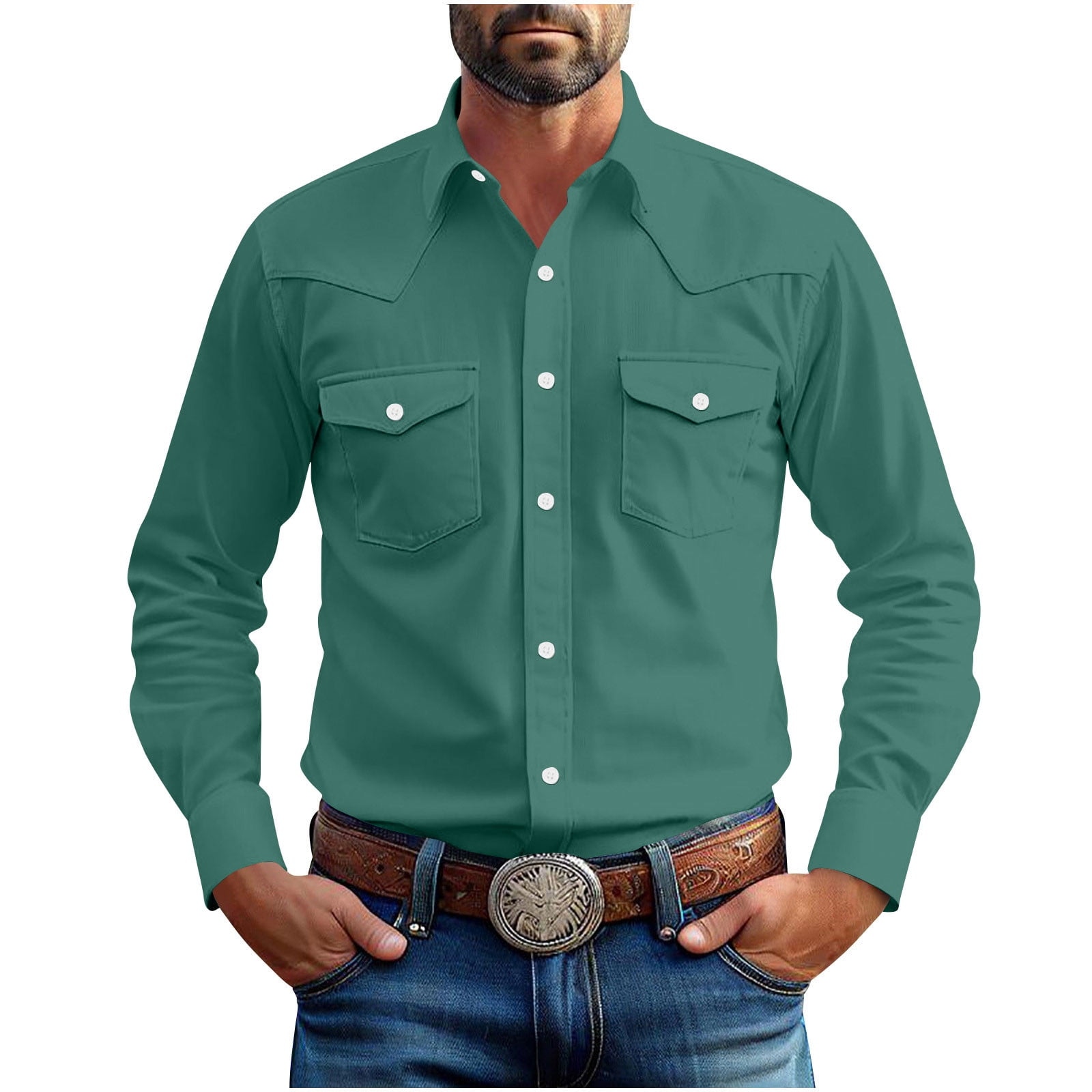 Mens Western Cowboy Shirt Long Sleeve Button Down Casual Work Shirts ...