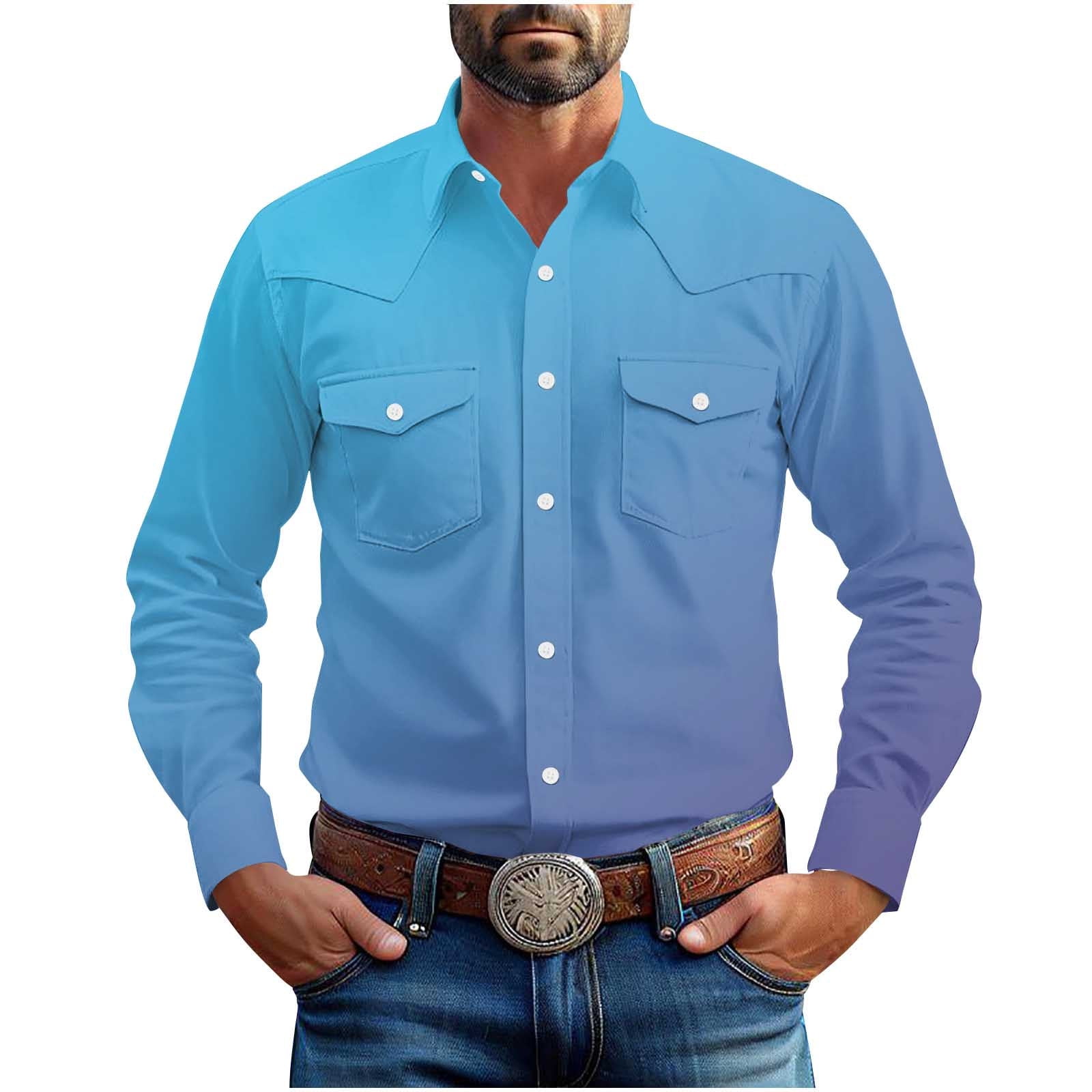 Mens Western Cowboy Shirts Gradient Color Button Up Shirts Long Sleeve ...