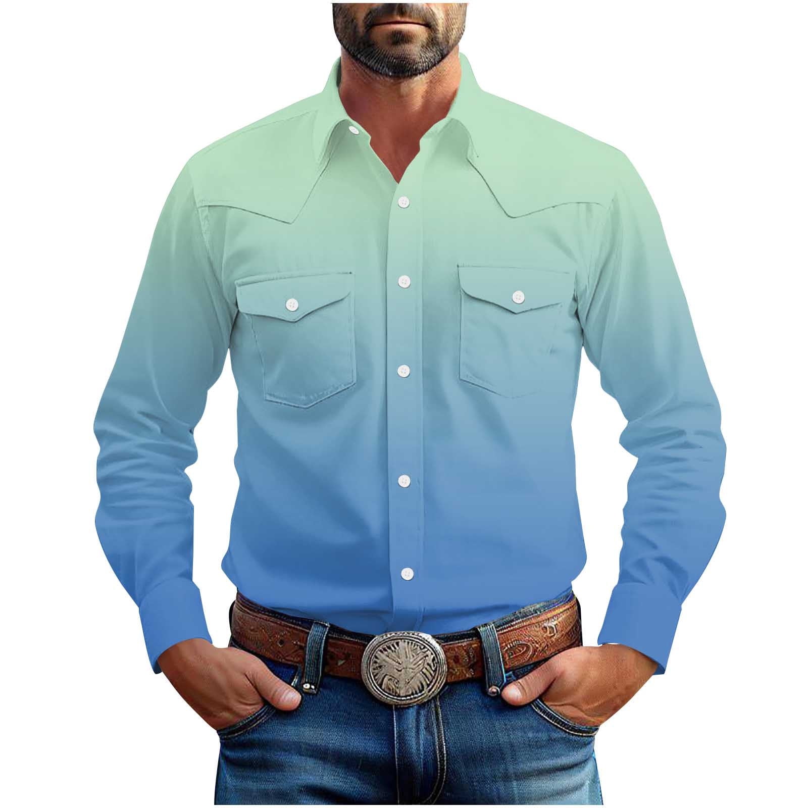 Mens Western Cowboy Shirts Gradient Color Button Up Shirts Long Sleeve ...
