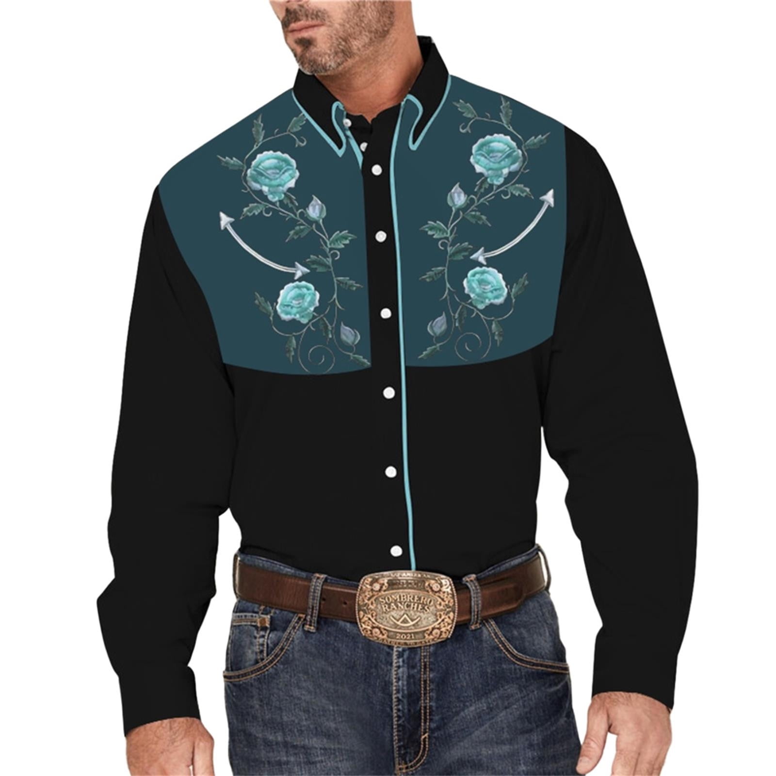 Mens Westren Cowboy Shirts Floral Embroidered Long Sleeve Button Down ...