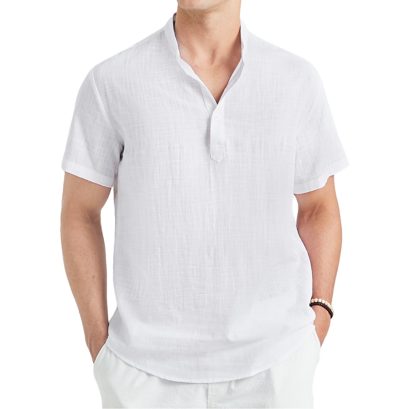 Mens Cotton Linen Henley Shirt Short Sleeve Casual Summer Beach Hippie Tee for Vacation ...