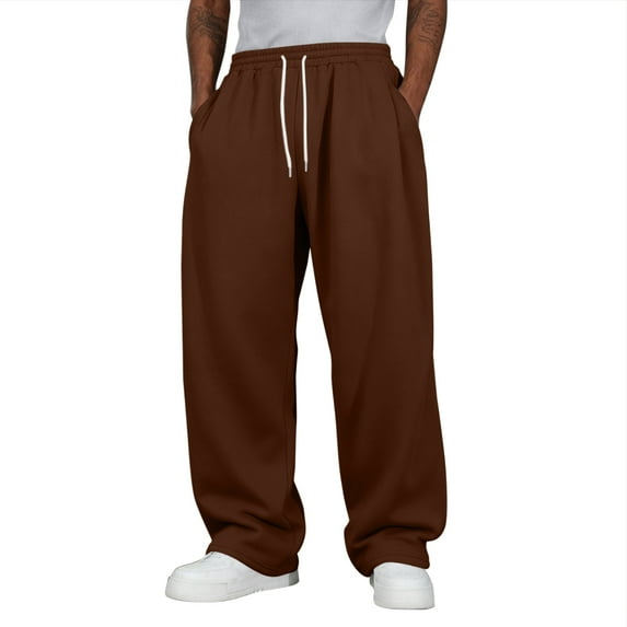 Mens Wide Leg Sweatpant Fleece Lined Pants Elastic Waist Drawstring ...