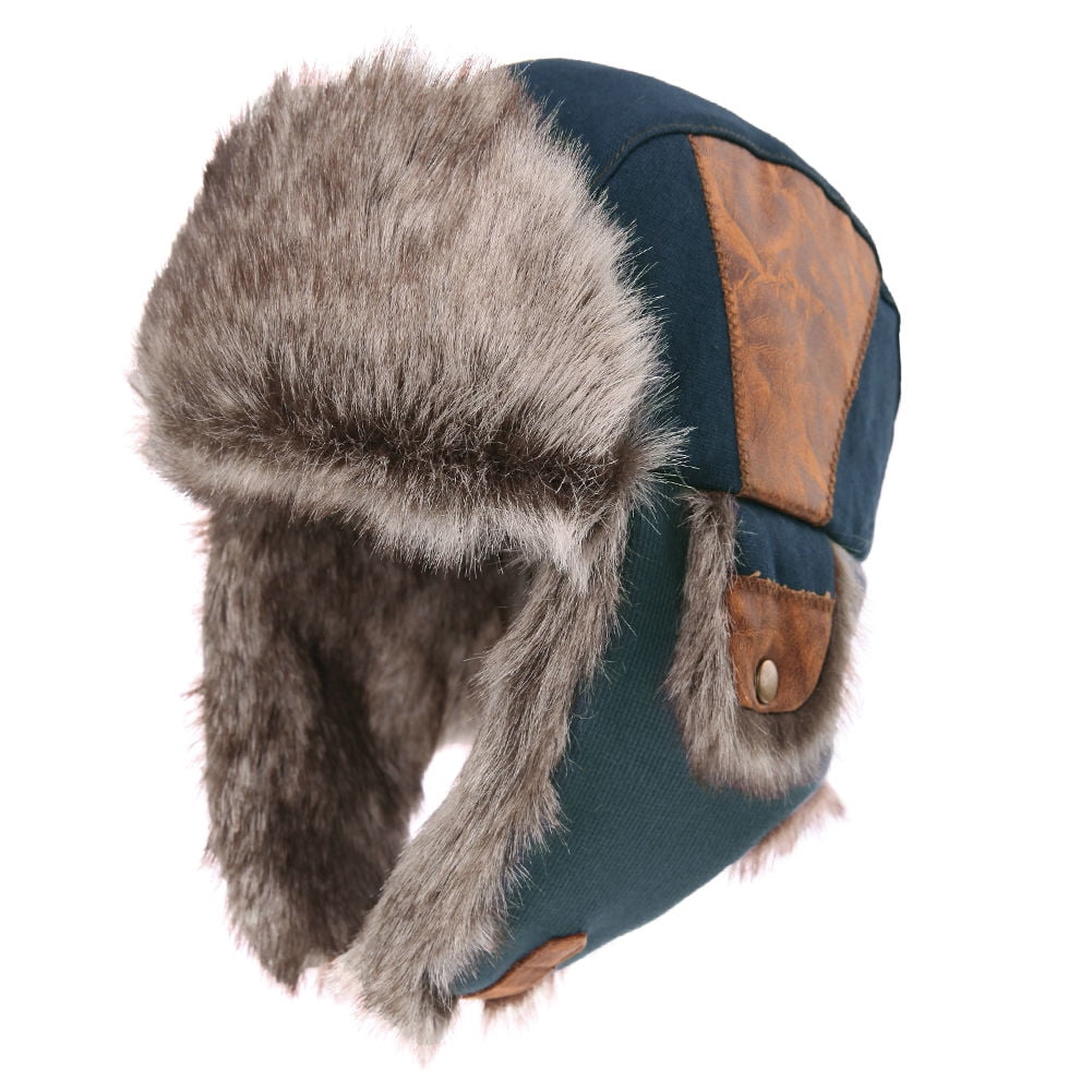 Mens Winter Navy Cotton Trapper Hat, Ushanka Style with Faux Fur ...