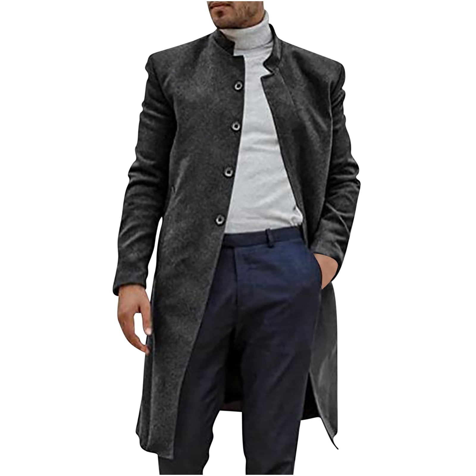 Mens Work Pea Coat, Classic Lapel Collar Trench Coat Long Jacket, Fall ...