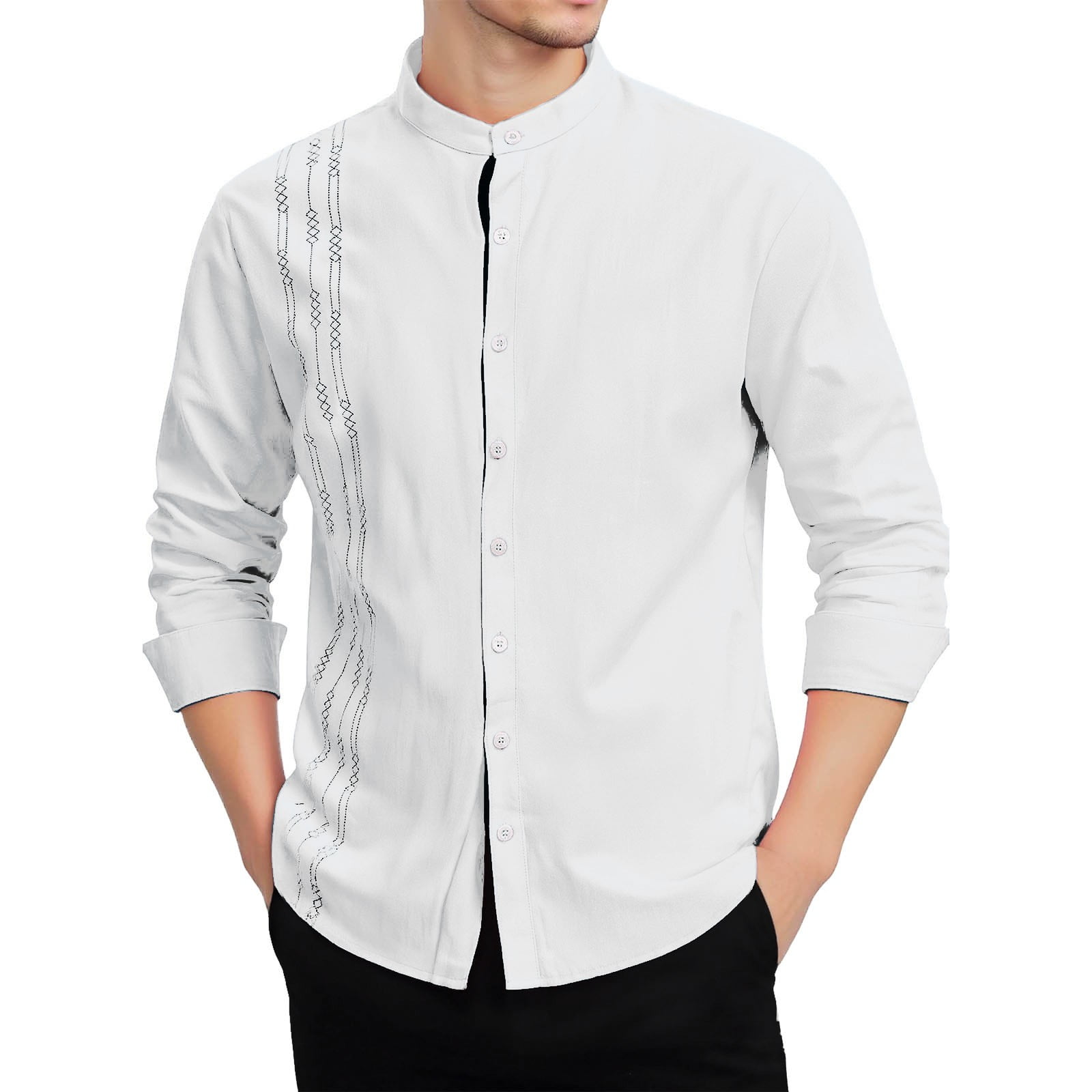 Mens Work Shirts Print Long Sleeve Stand Collar Stylish formal Button ...