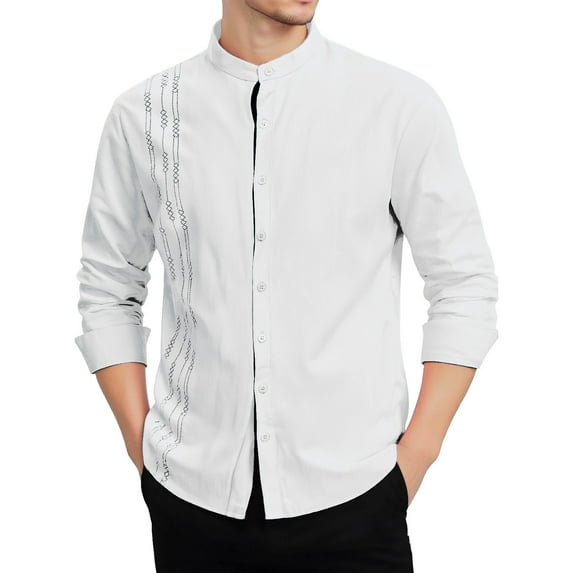 Mens Work Shirts Print Long Sleeve Stand Collar Stylish formal Button ...