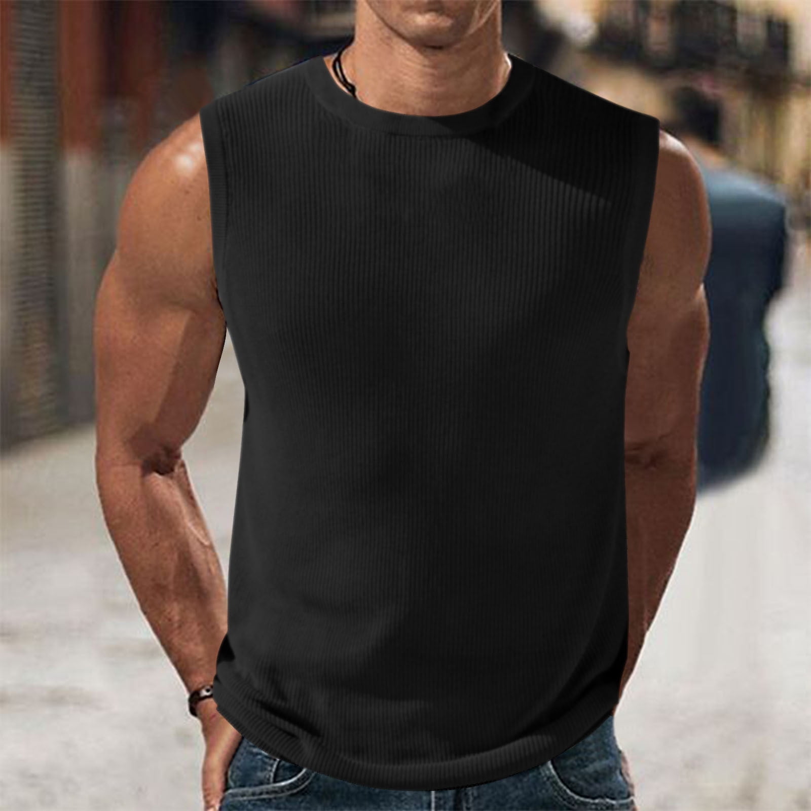 Mens Workout Tank Tops Solid Knitted Fabric Sleeveless T-Shirts Slim ...