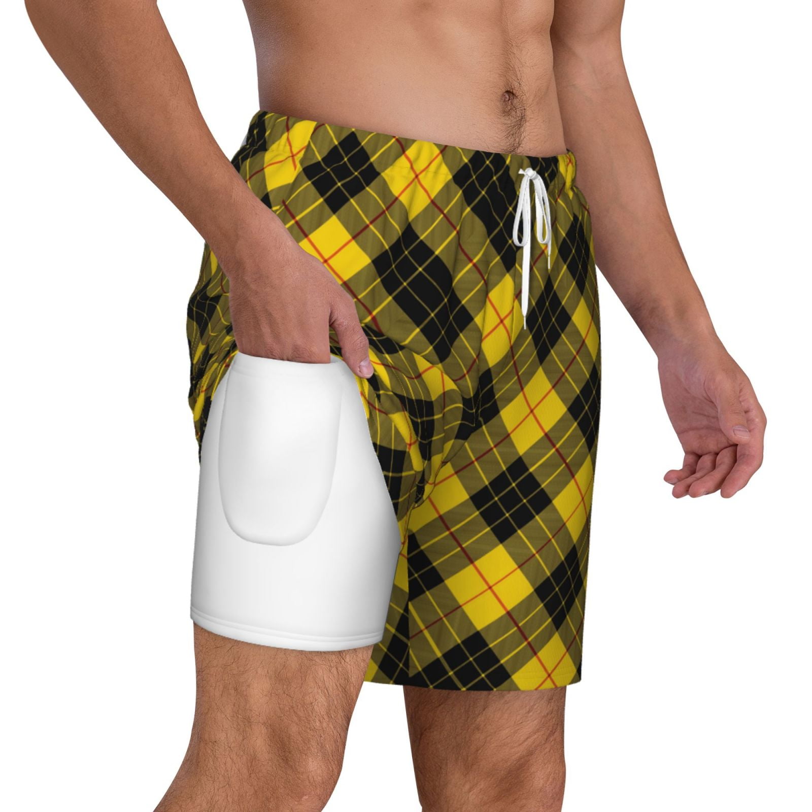 Mens Yellow And Black Plaid Swim Trunks with Compression Liner 2 in 1 ...