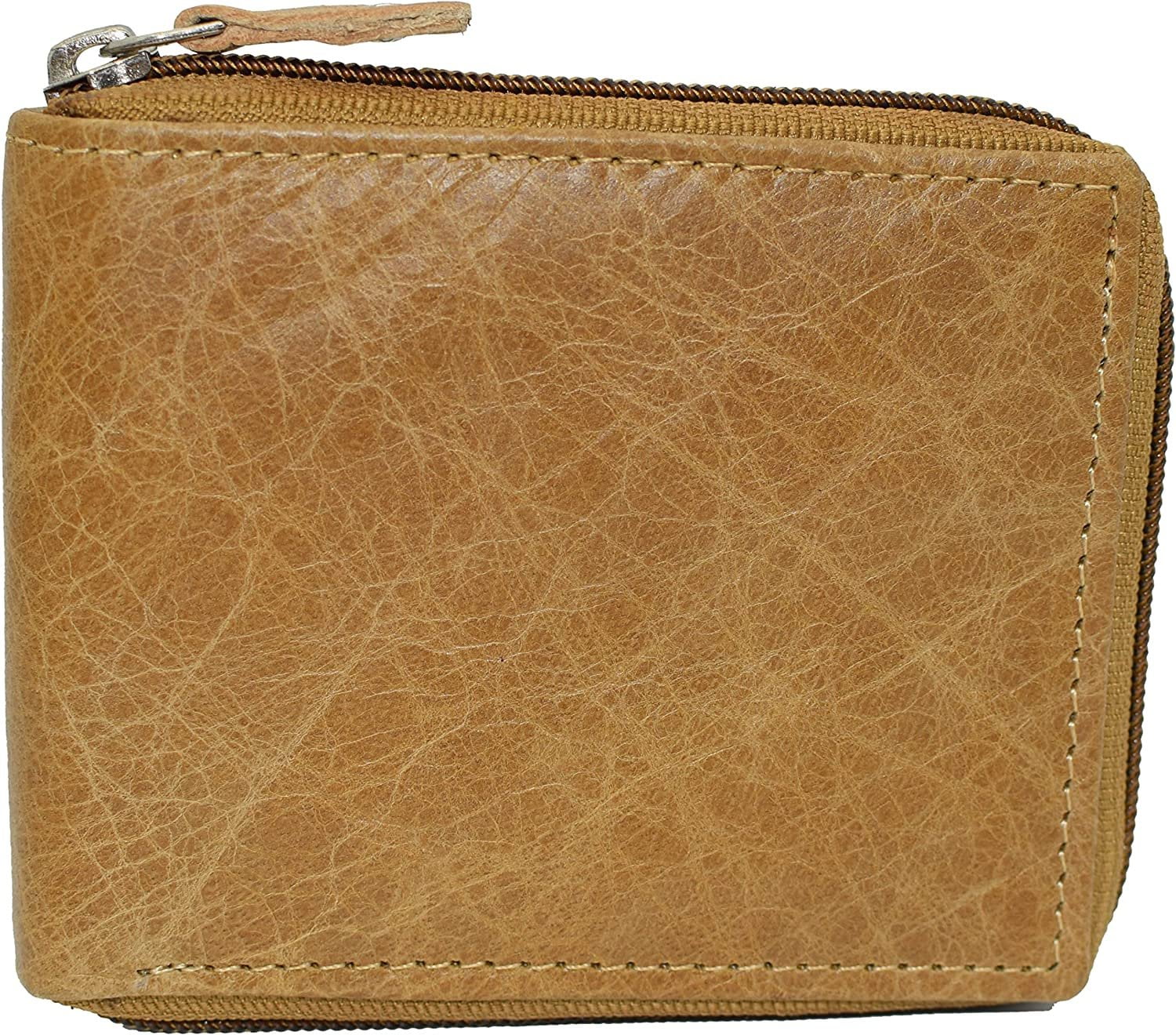 Mens Zip Around RFID Blocking Cowhide Leather Zipper Bifold Wallet for ...