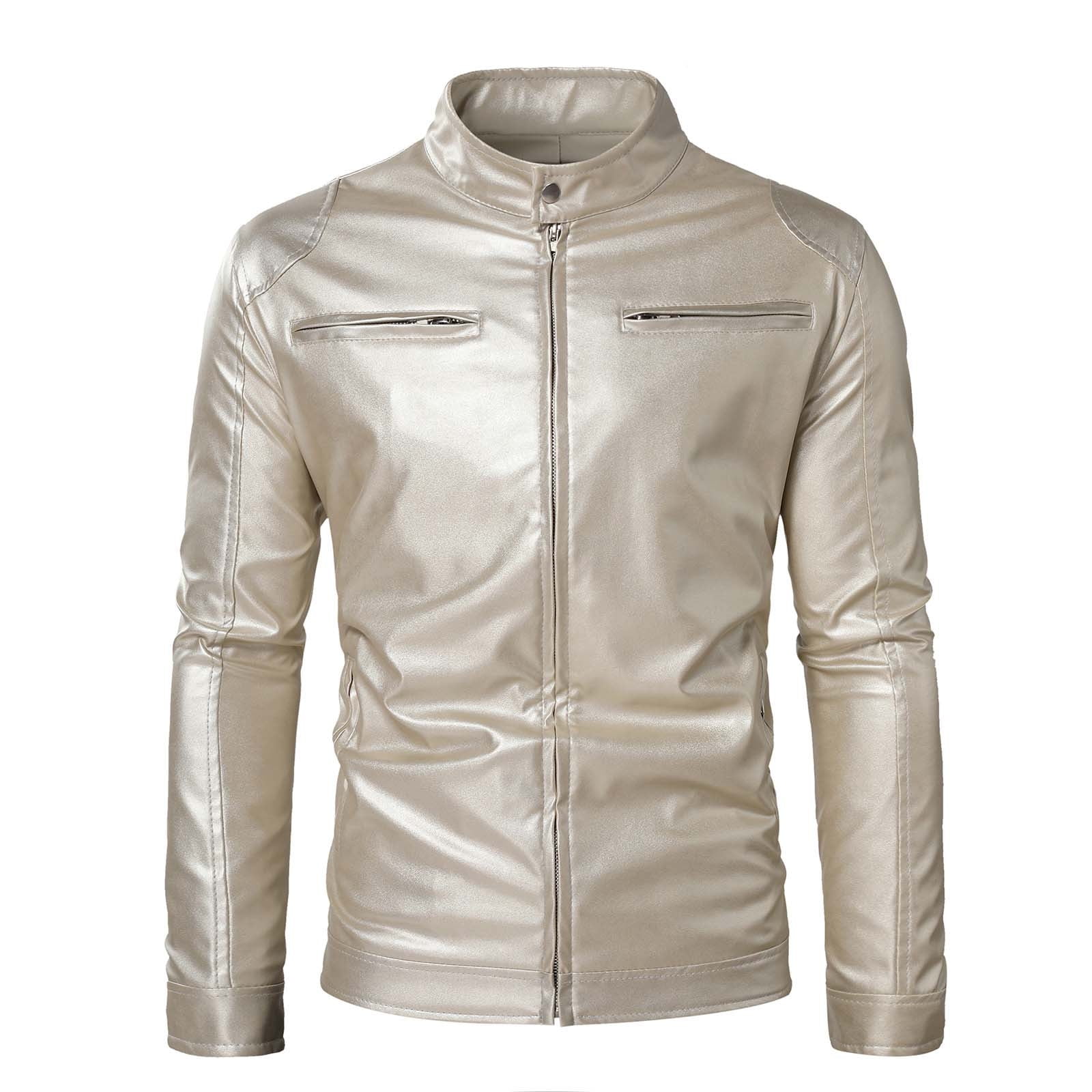 Mens Zip Up Faux Leather Jacket Regular Lapel Collar PU Motorcycle Jacket Lightweight Long ...