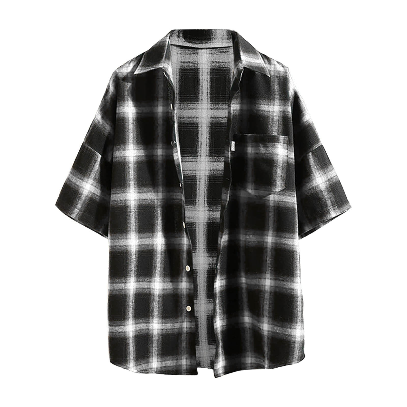 Mens and Men's Plus Button-Down Shirts Plaid Short Sleeved Shirt Loose ...