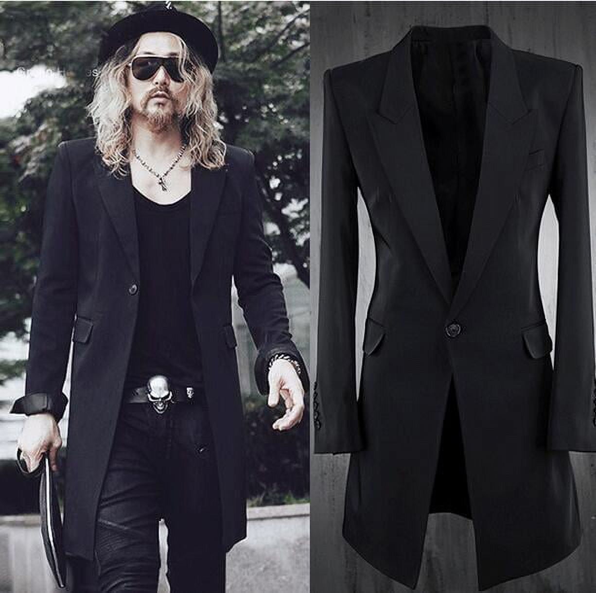 Mens long blazer jacket one button lapel collar slim fit formal dress ...