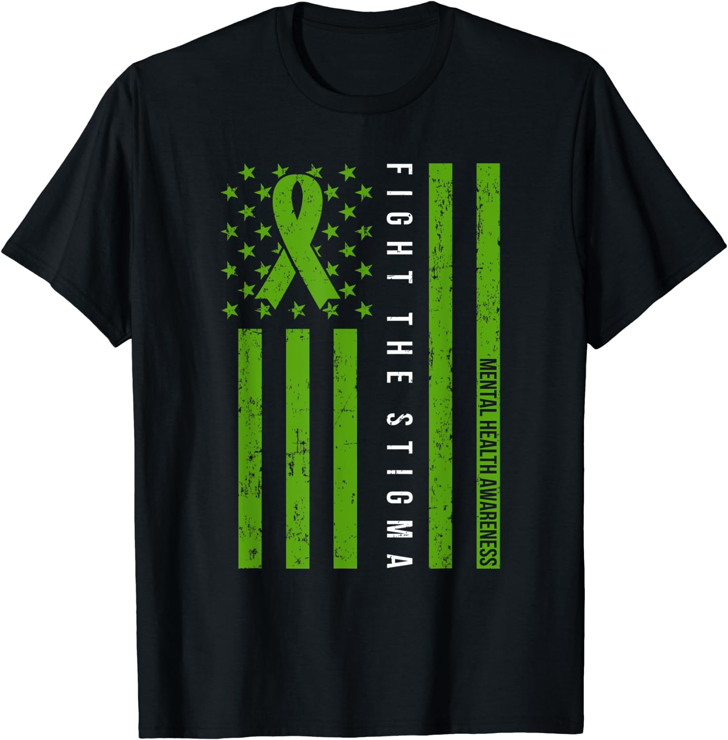 Mental Health Awareness Shirt Green Ribbon Support USA Flag T-Shirt ...