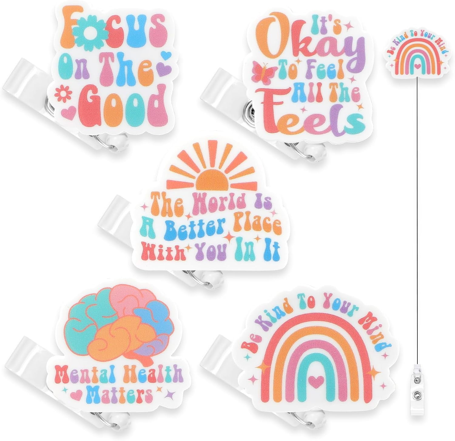 Mental Health Badge Reels 5Pcs Groovy Retractable Badge Holders for ...
