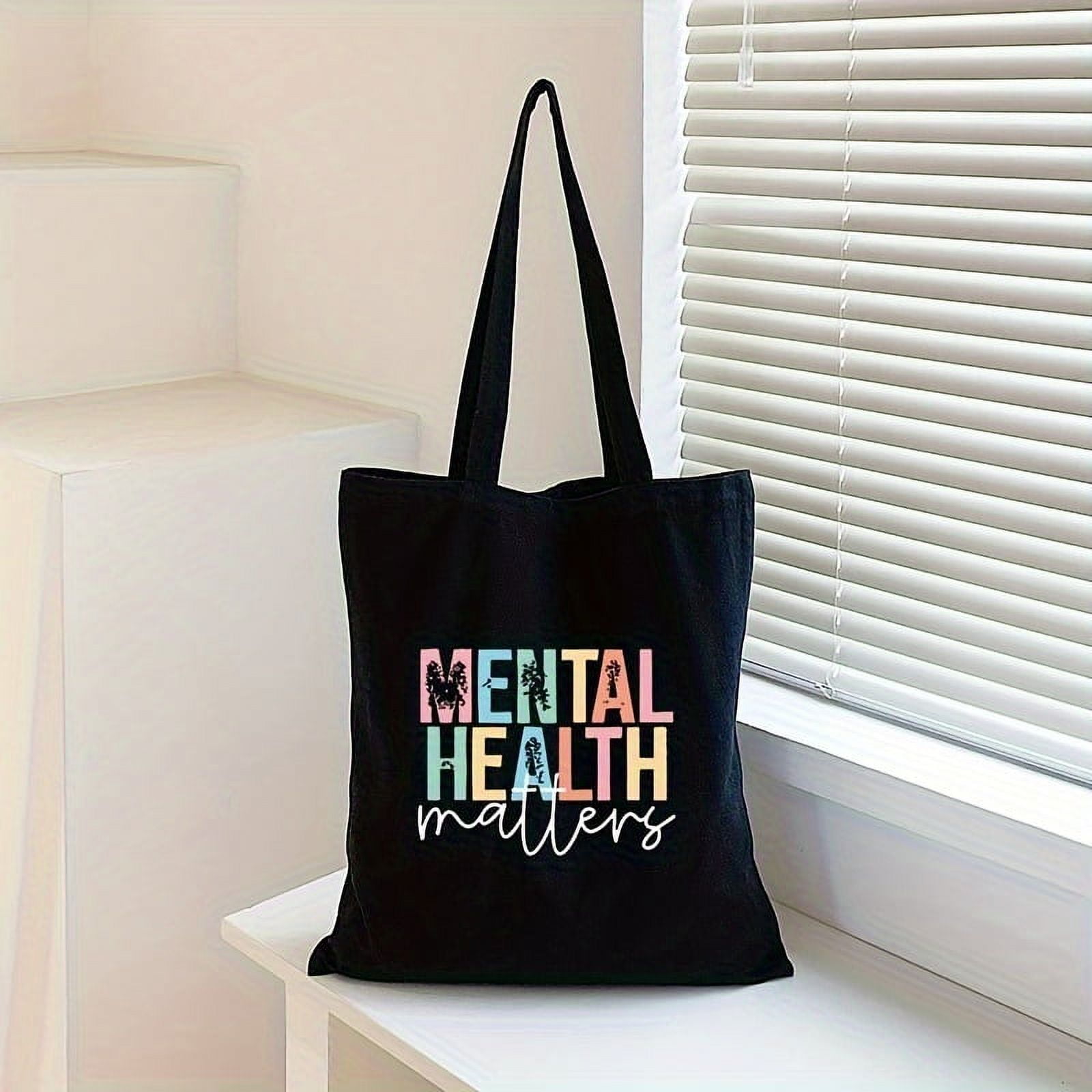 "Mental Health" Letter Print Canvas Tote Bag, Simple Trendy Shoulder ...