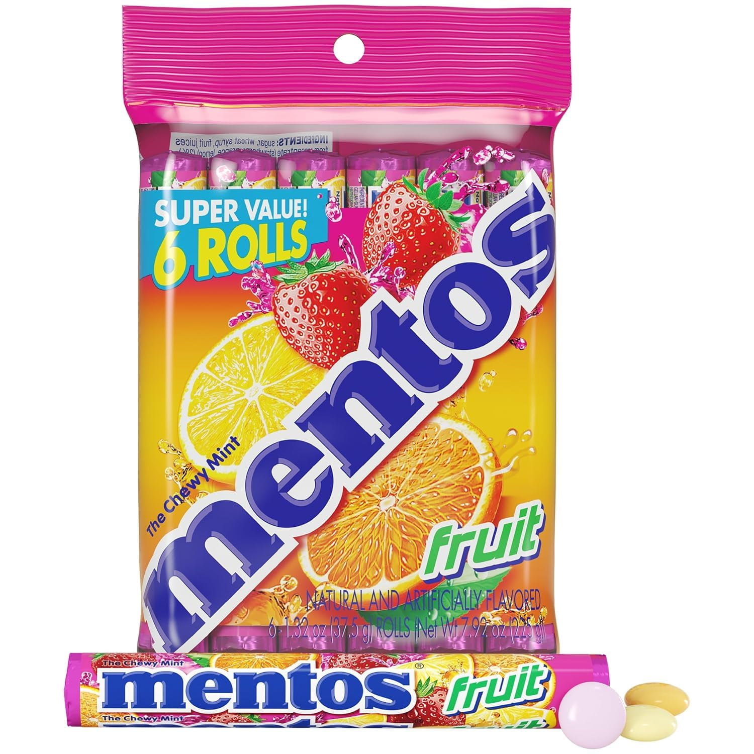 Mentos Candy, Mint Chewy Candy Roll, Fruit, Non-Melting, 1.32 Oz , 6 ...