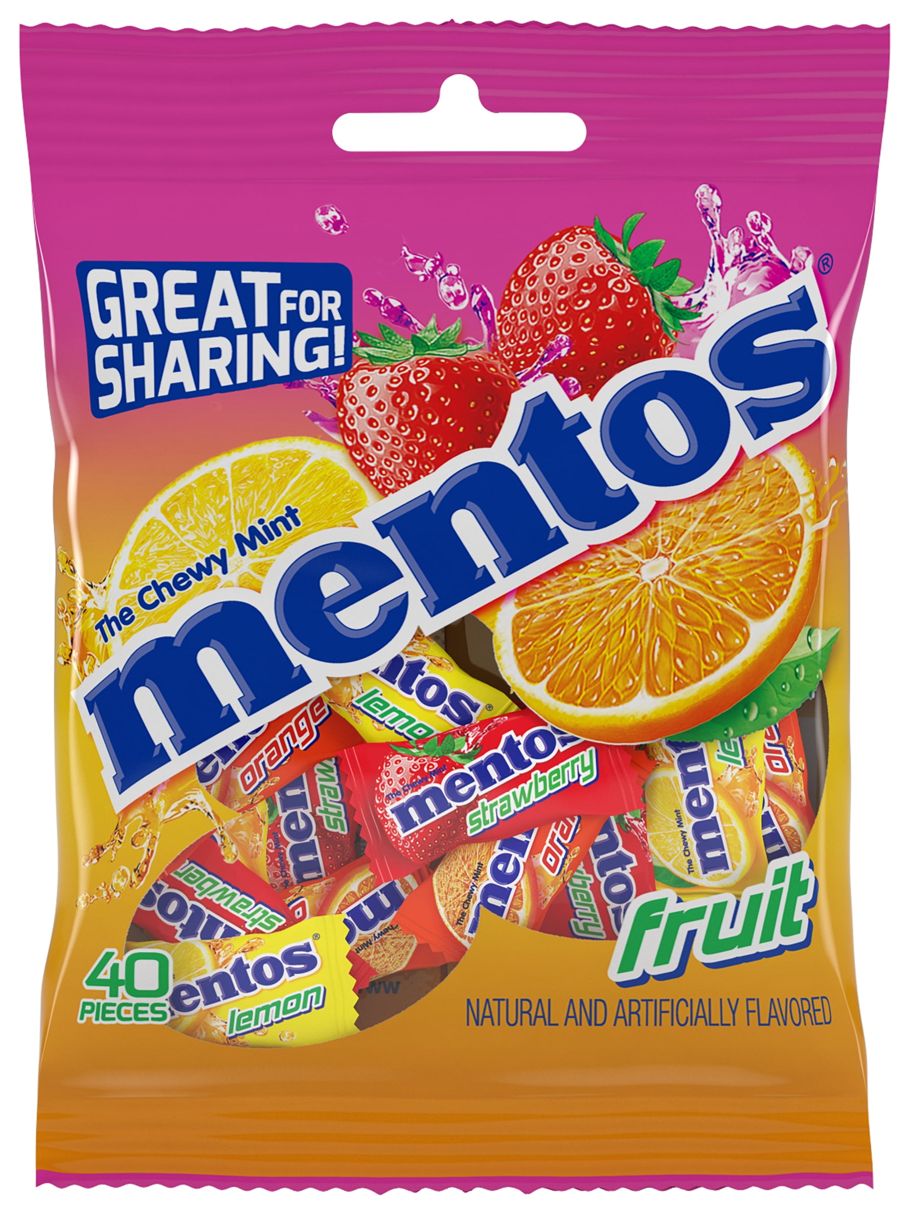 Mentos Fruit Chewy Mint Candy, Individually Wrapped, 40pc Peg Bag ...