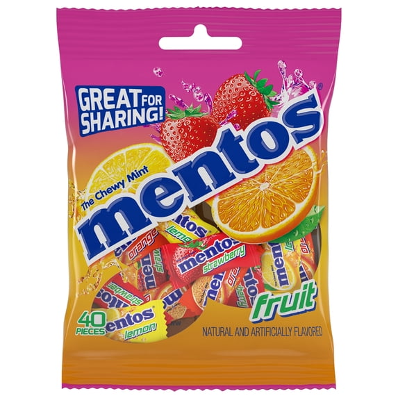 Mentos Fruit Chewy Mint Candy, Individually Wrapped, 40pc Peg Bag ...