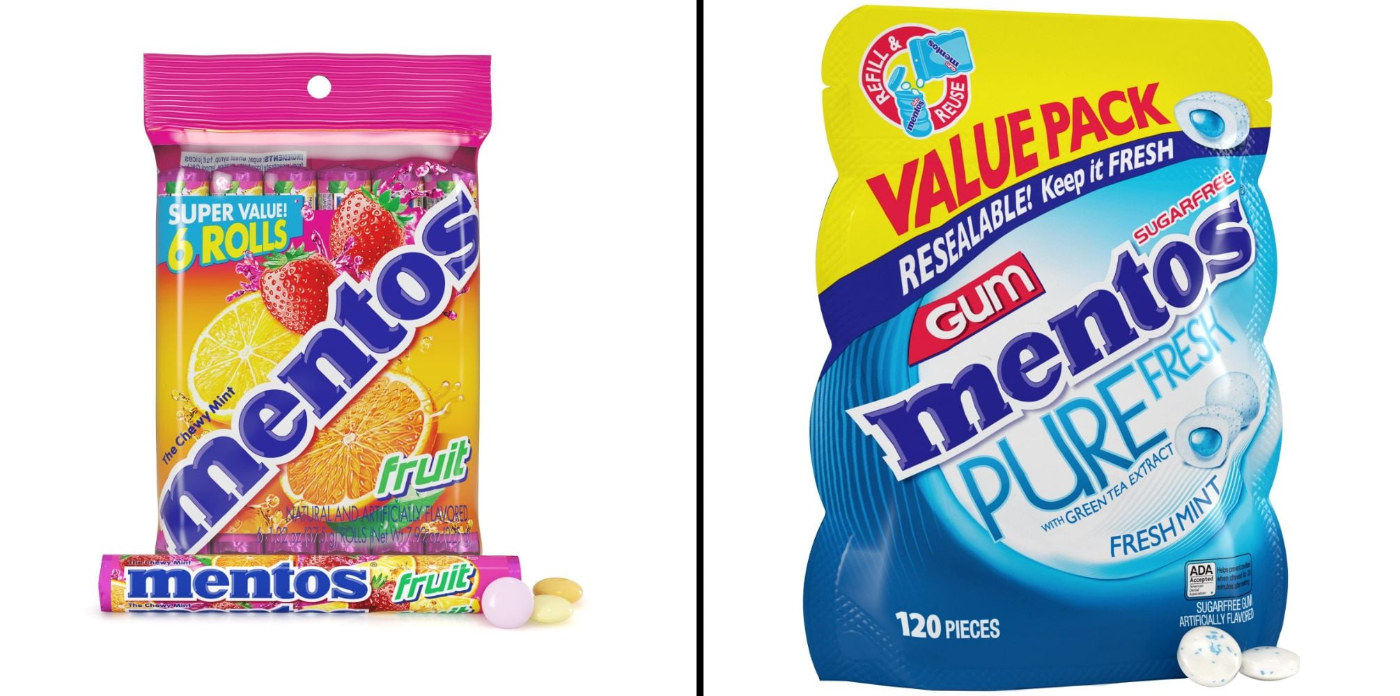 Mentos Mint Chewy Candy Rolls, 1.32 oz, 6 Count & Mentos Pure Fresh ...