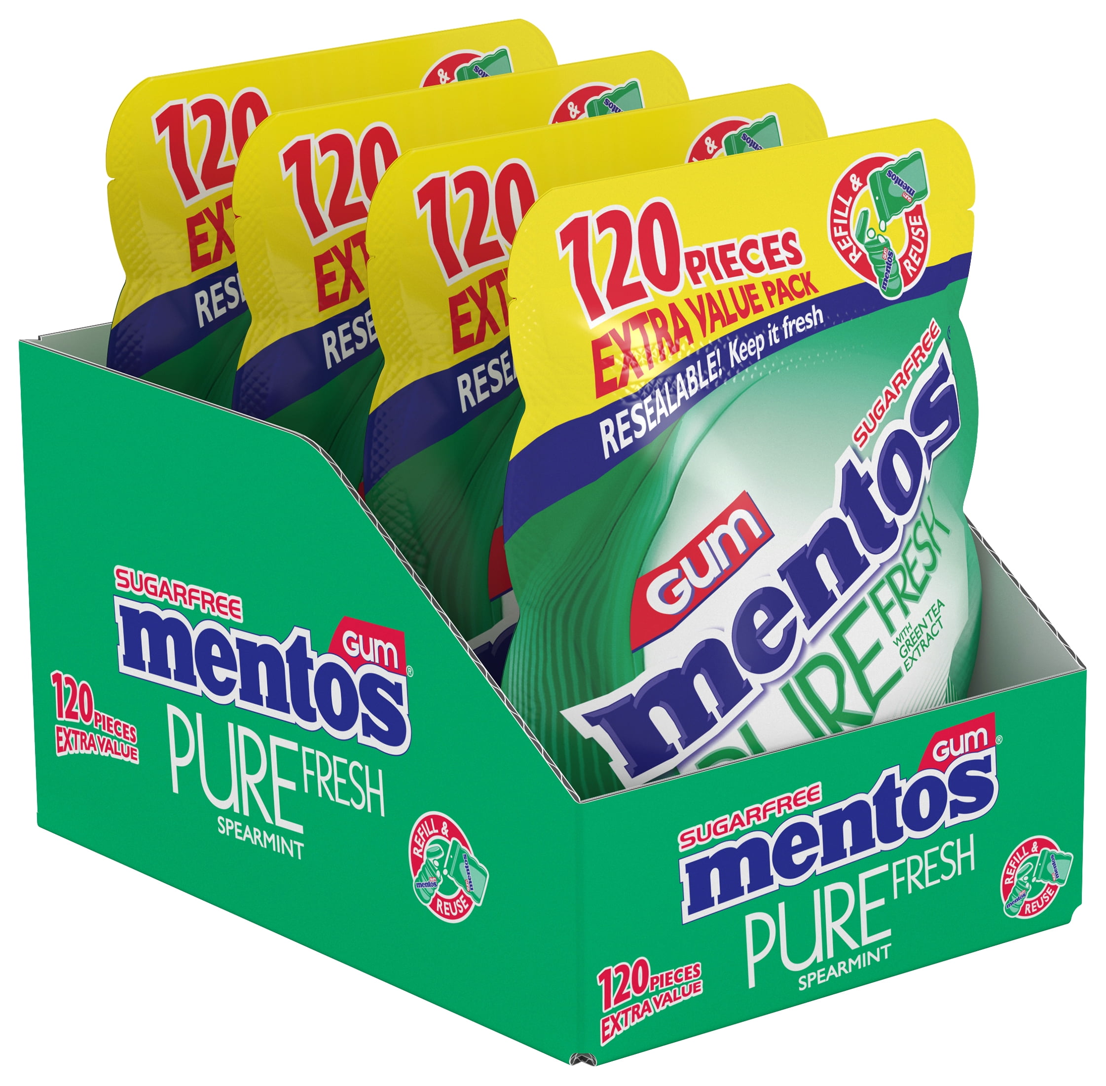 Mentos Pure Fresh Sugar-Free Spearmint Chewing Gum, Xylitol, 120 Piece ...