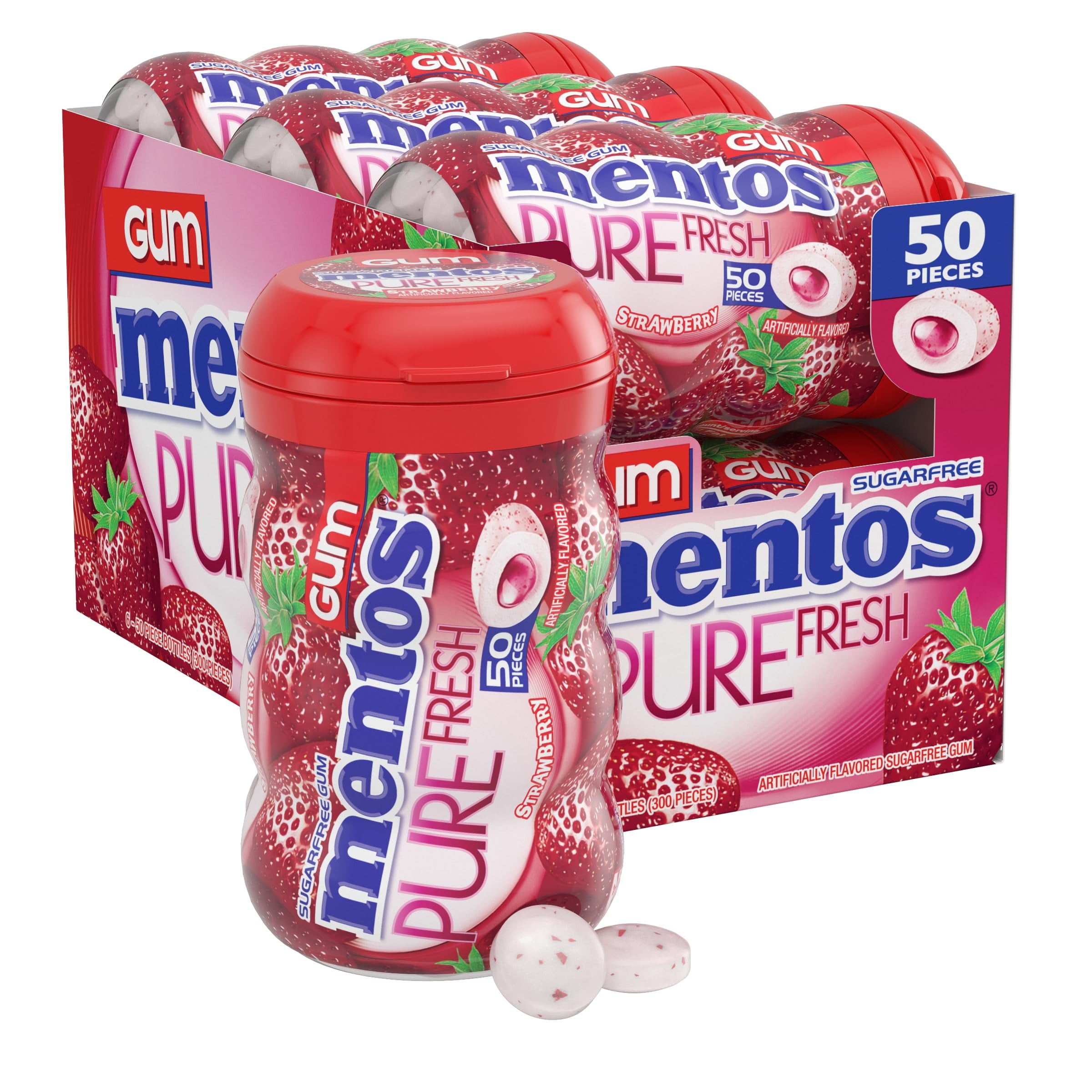 Mentos Pure Fresh Sugar-Free MFF30 Chewing Gum with Xylitol, Strawberry, 50 Piece Bottle (Bulk ...