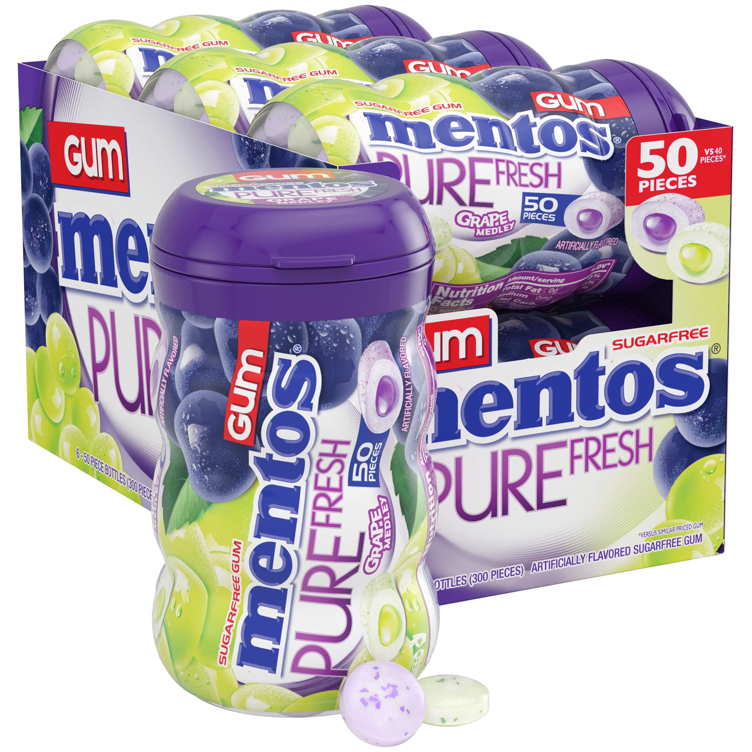 Mentos Pure Fresh Sugar-Free SBF3 Chewing Gum with Xylitol, Grape Medley, 50 Piece Bottle (Bulk ...