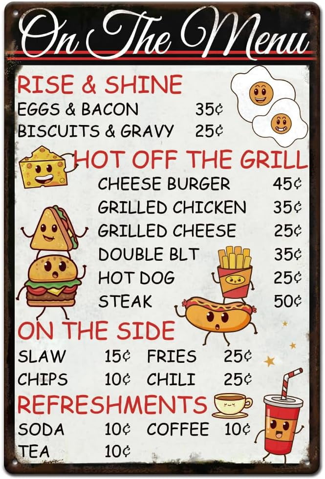 On The Menu Metal Tin Sign Fast Food Tin Signs Retro Metal Signs Menu ...