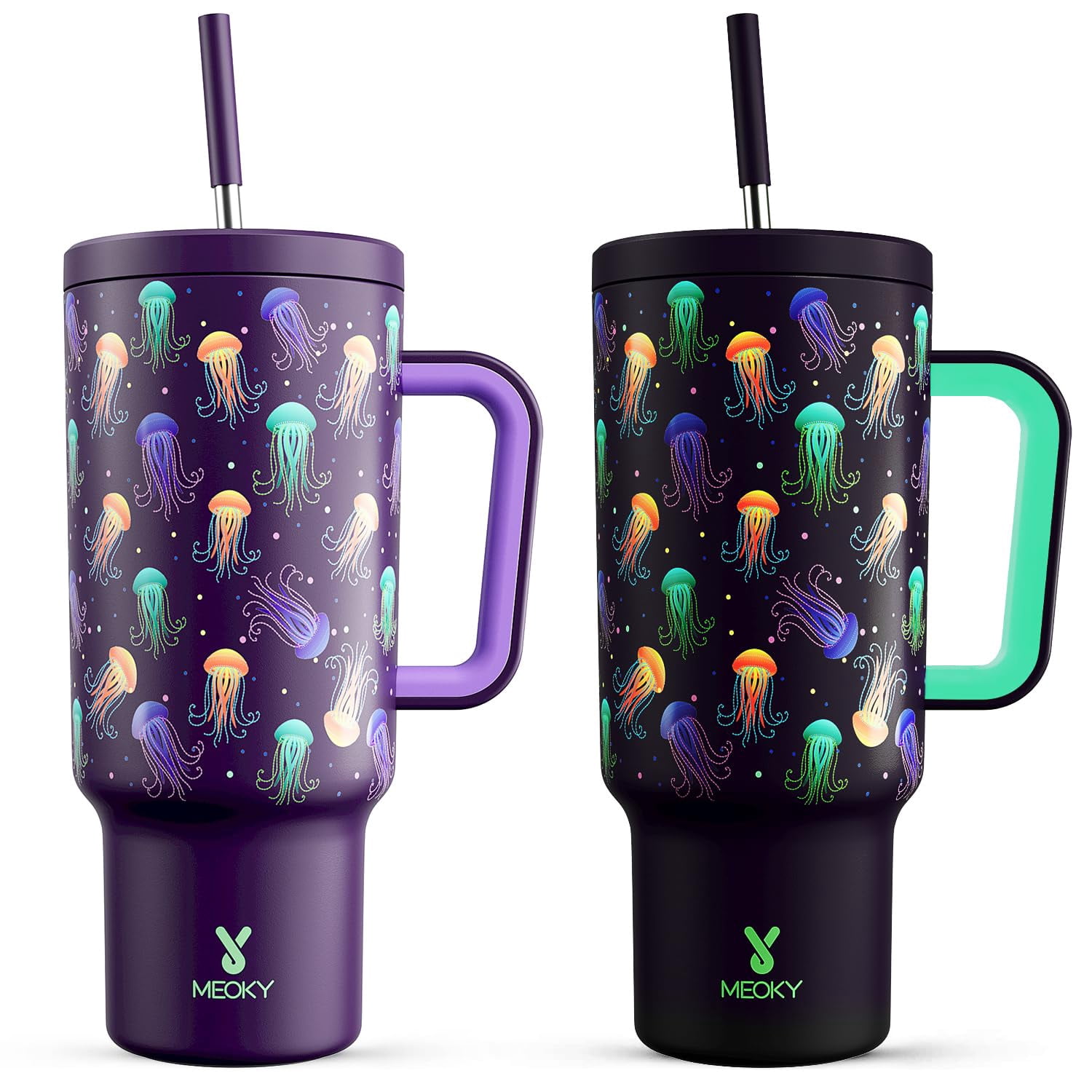Meoky 40 oz Tumbler with Handle and Straw: Glow in the Dark Tumbler ...