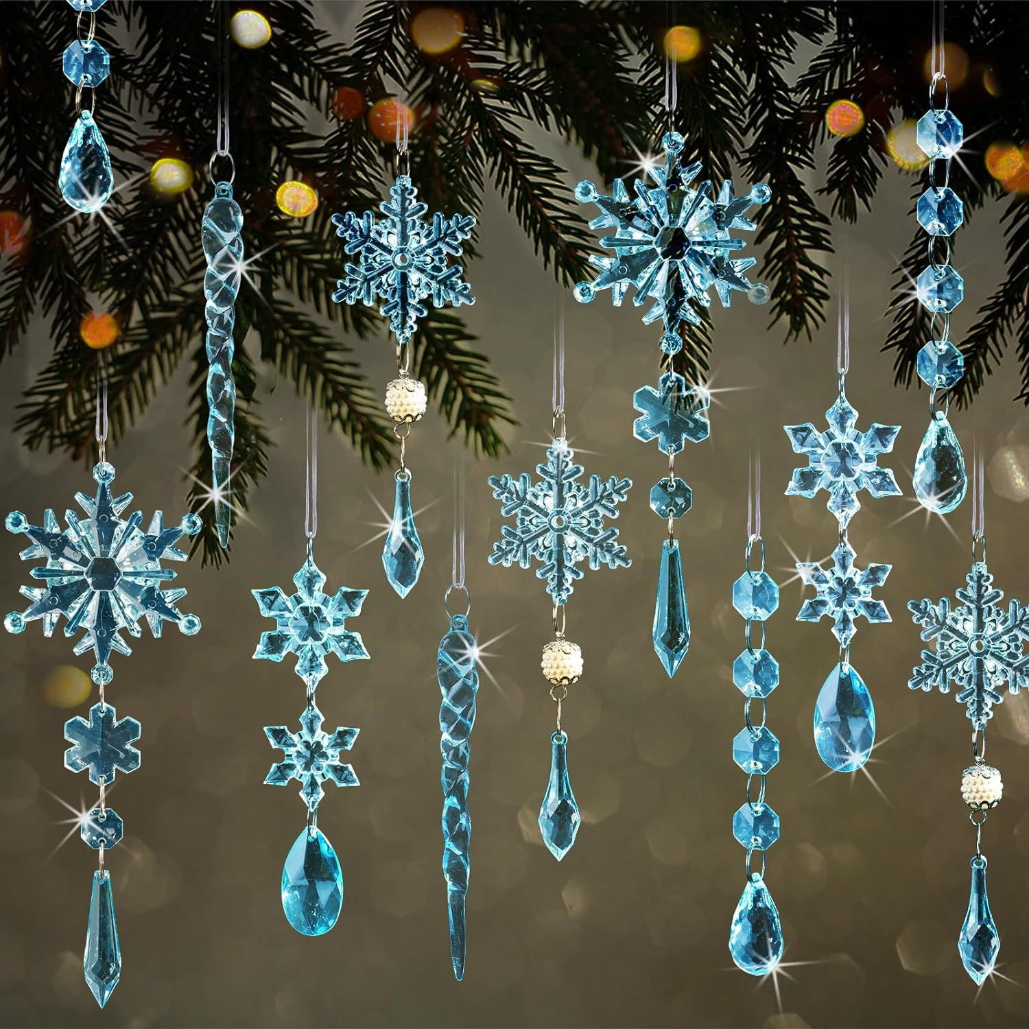Meottam 18 Pieces Christmas Tree Ornaments - Hanging Acrylic Snowflake ...