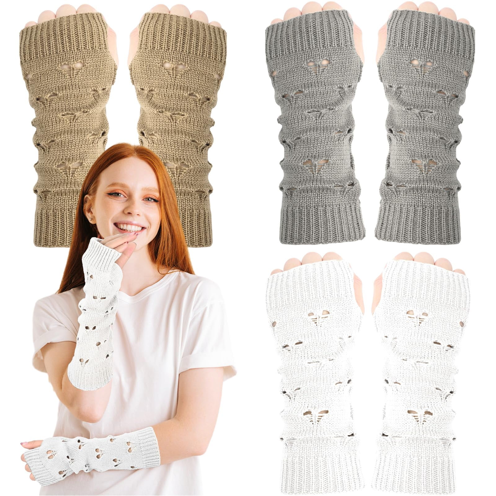 Meottam 3 Pairs Fingerless Arm Warmers Ripped Long Sleeve Fairy Grunge ...