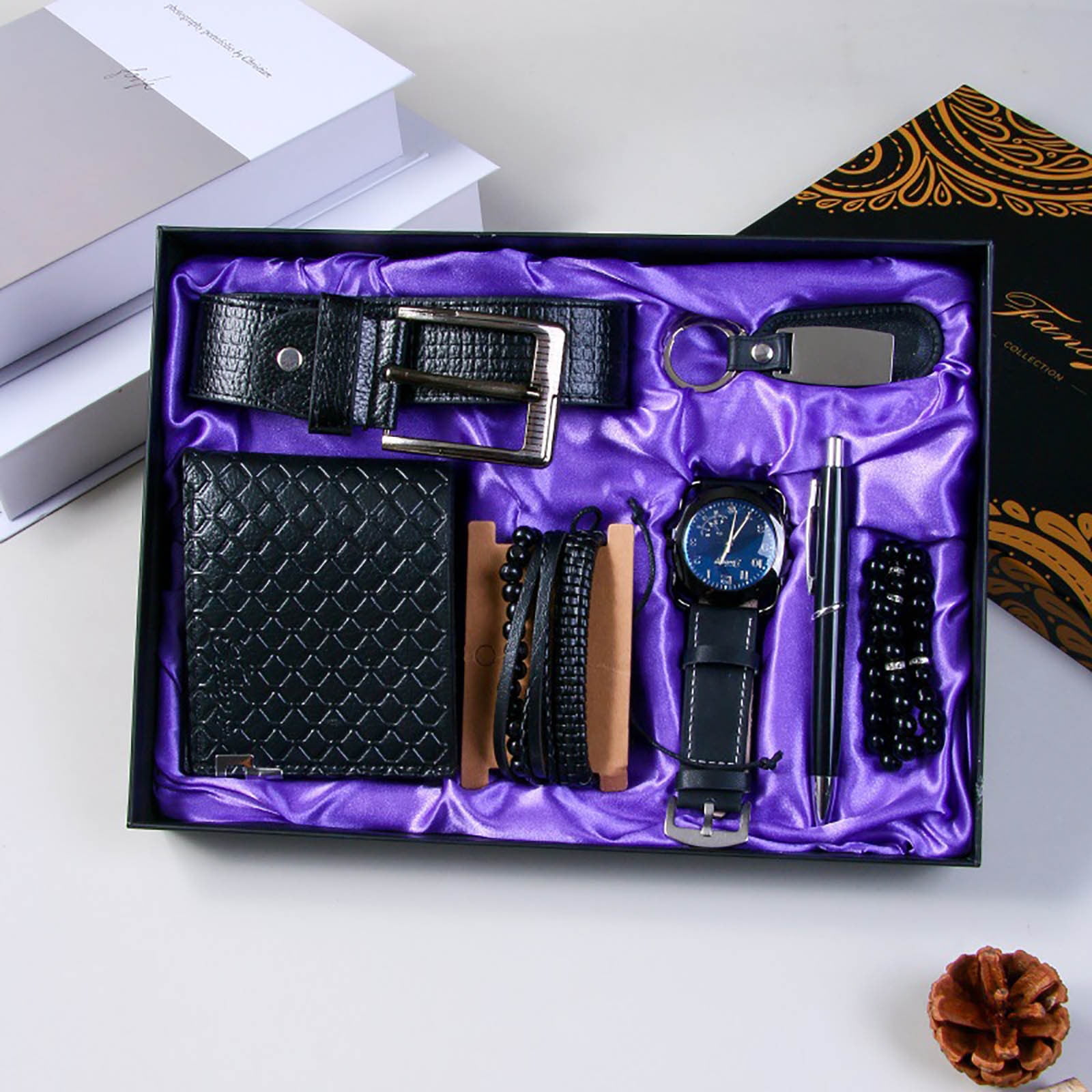Meottam 6Pcs Men's Gift Set, Leather Belt, Wallet, Wrist Watch, Pen ...