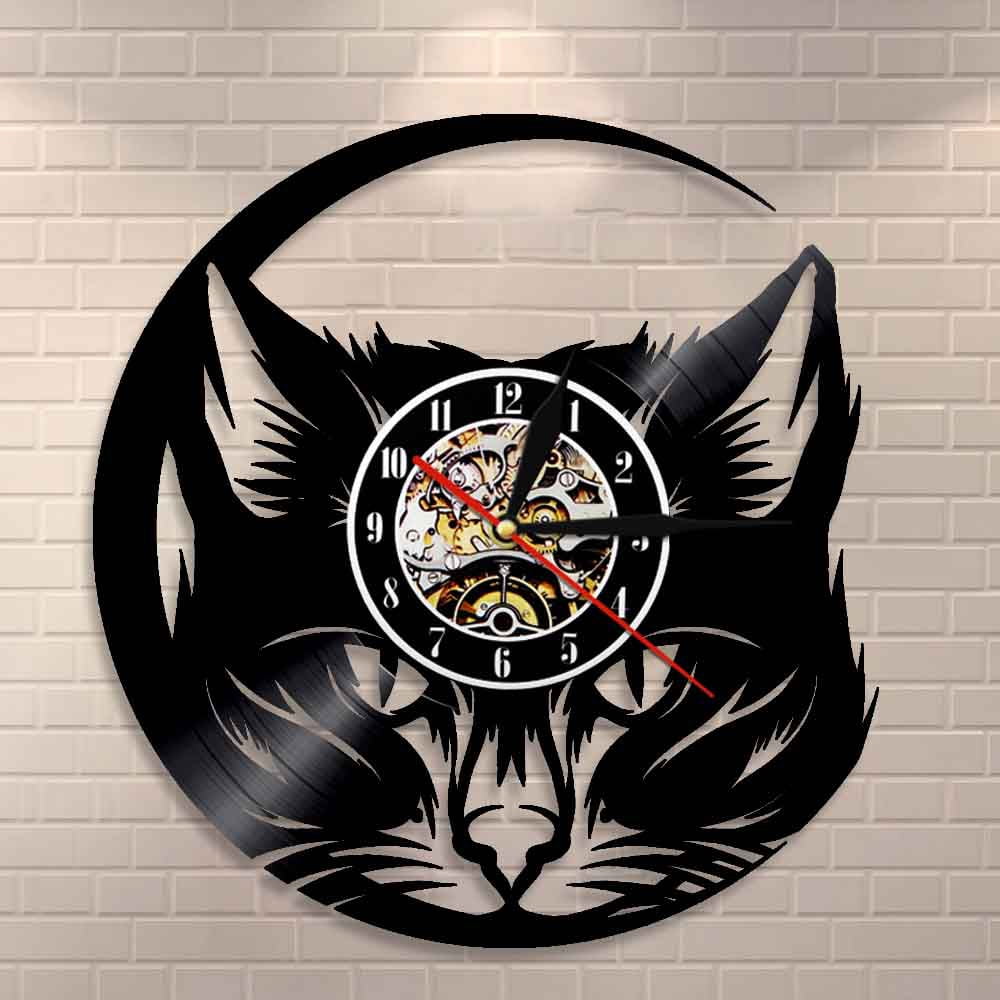 Meow Cat Head Wall Clock Black Cat Vinyl Record Clock Wall Art Cat Shop ...