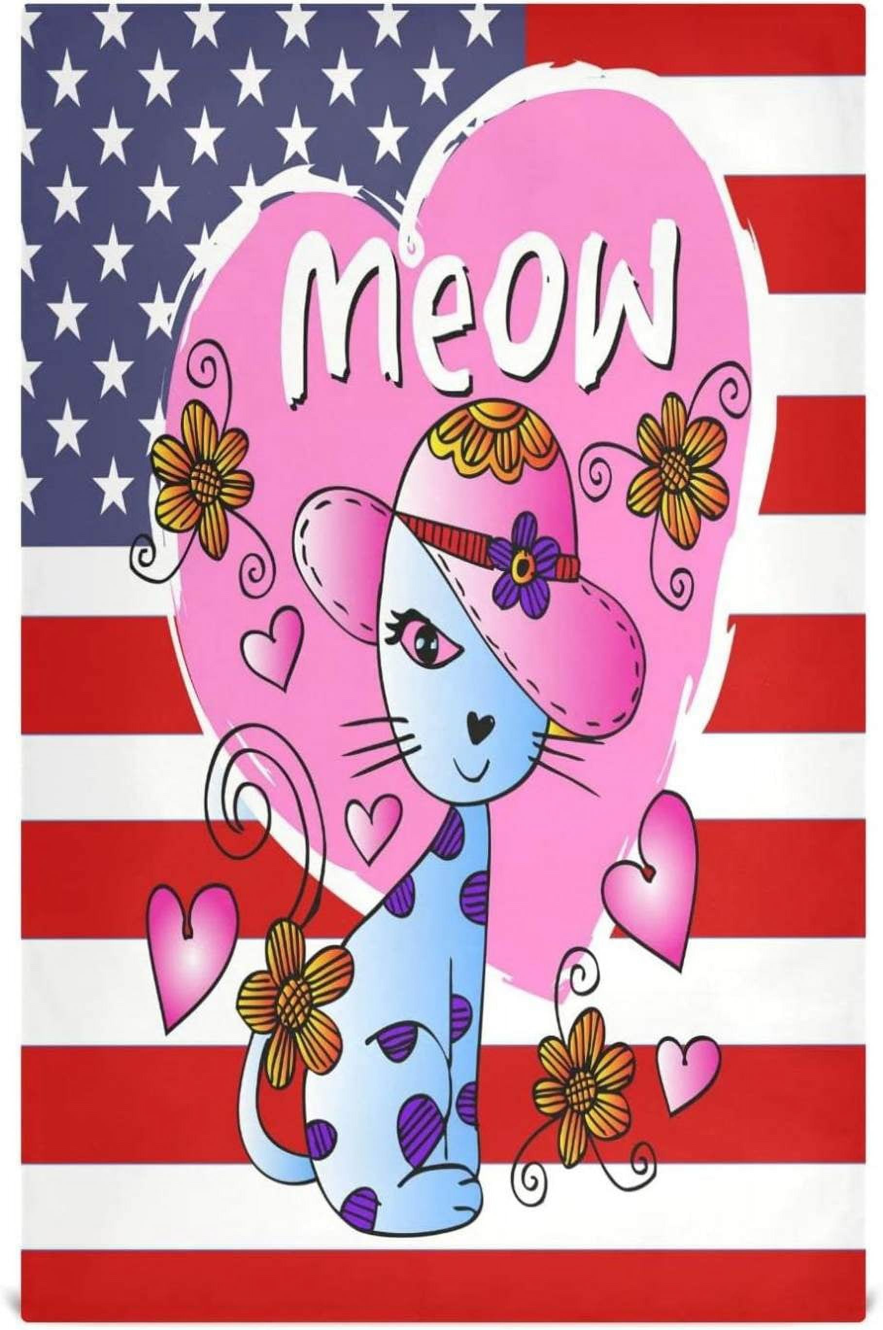 Meow Cat Love Tea Towels Set of 1 Floral American Flag Kitchen Dish ...