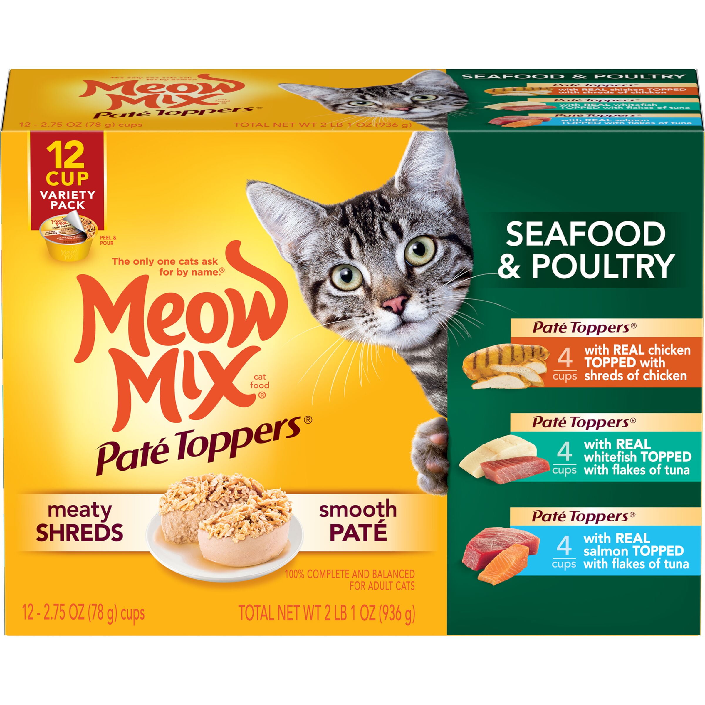 Meow Mix Pate Toppers Seafood & Poultry Variety Pack Wet Cat Food, 12 ...