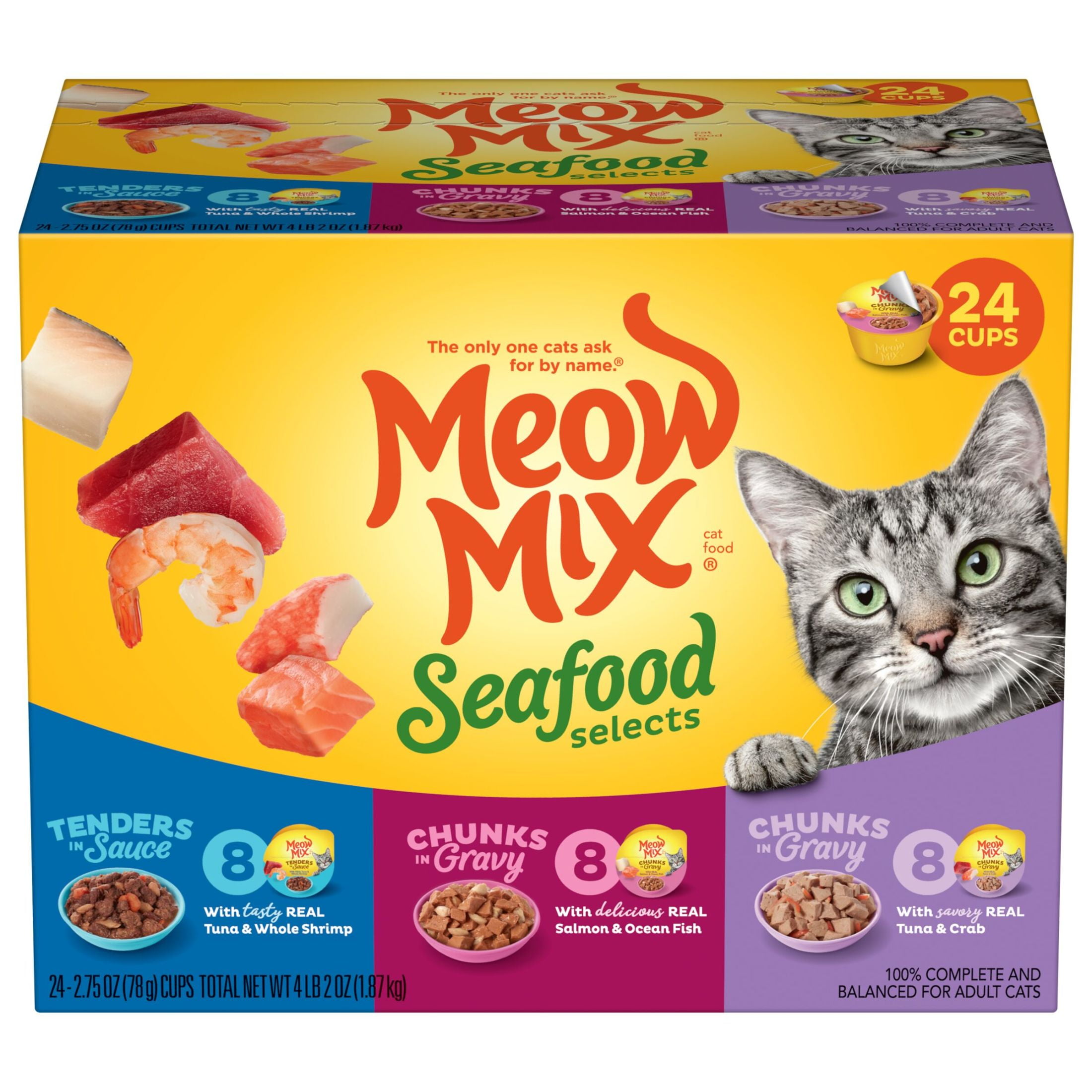 Meow Mix Wet Cat Food Variety Pack 24 Cups with Real Tuna Salmon Crab Shrimp - Walmart.com