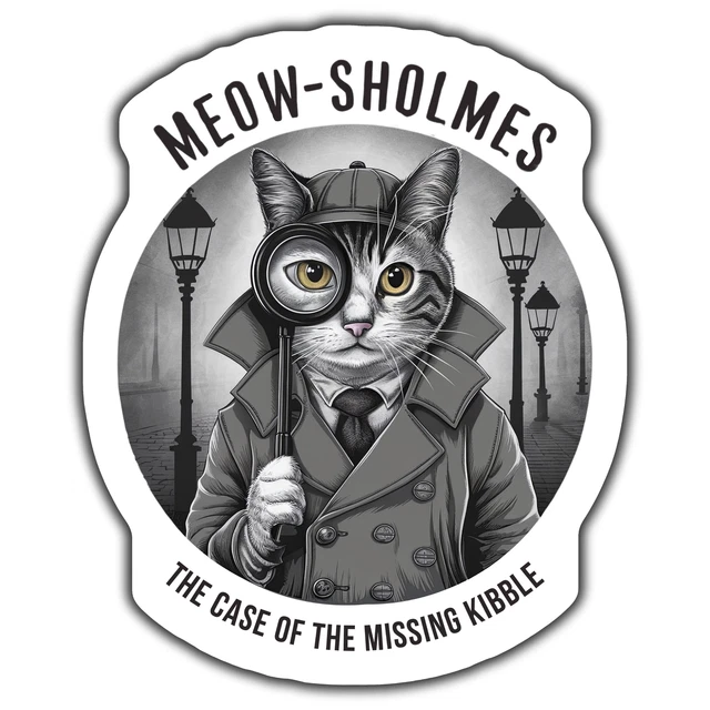 Meow Sholmes Sticker, Detective Cat Sticker, Cat Vinyl Decal, Cute Cat ...