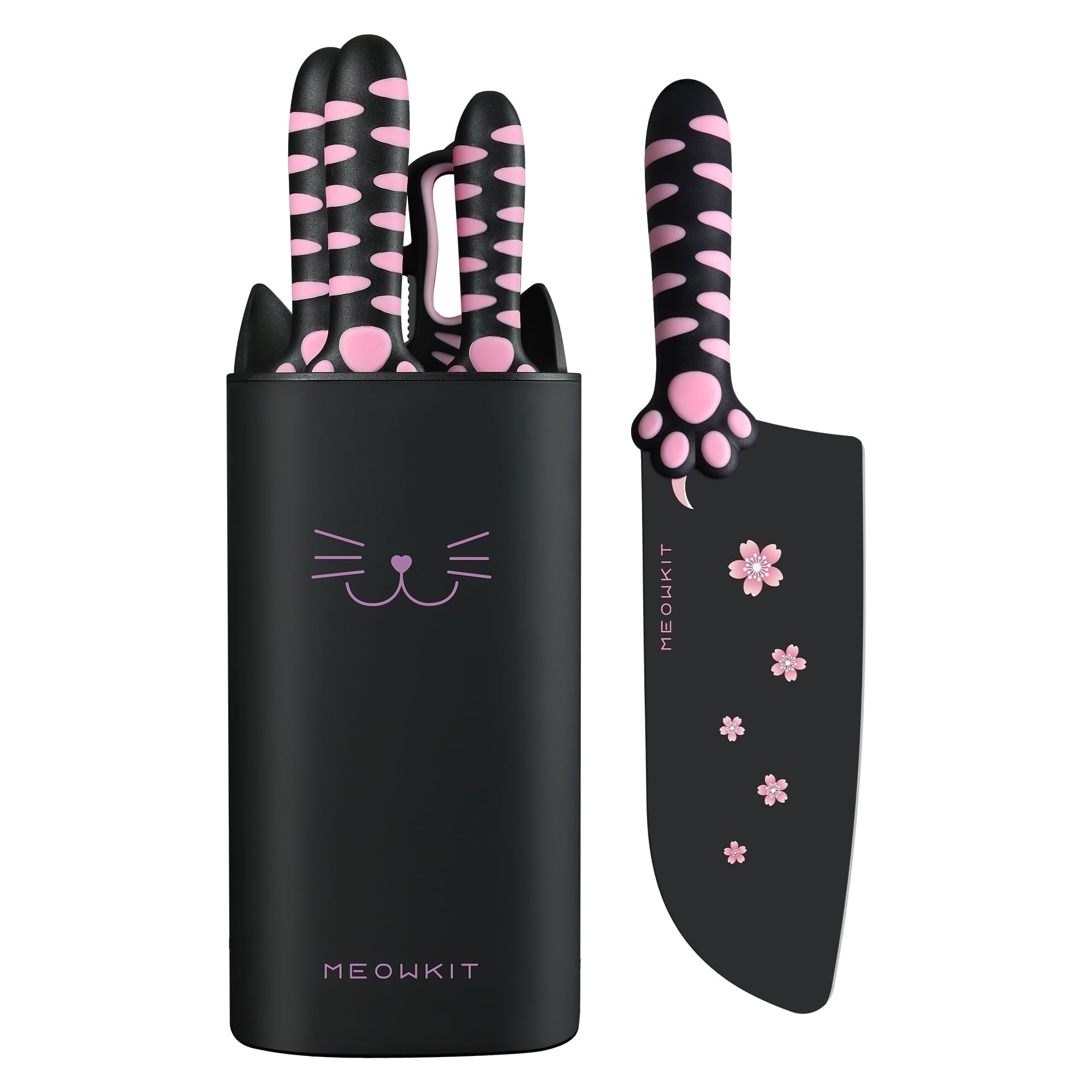 Meowkit 5-Piece Knife Set with Block, High Carbon Steel Extra Sharp ...