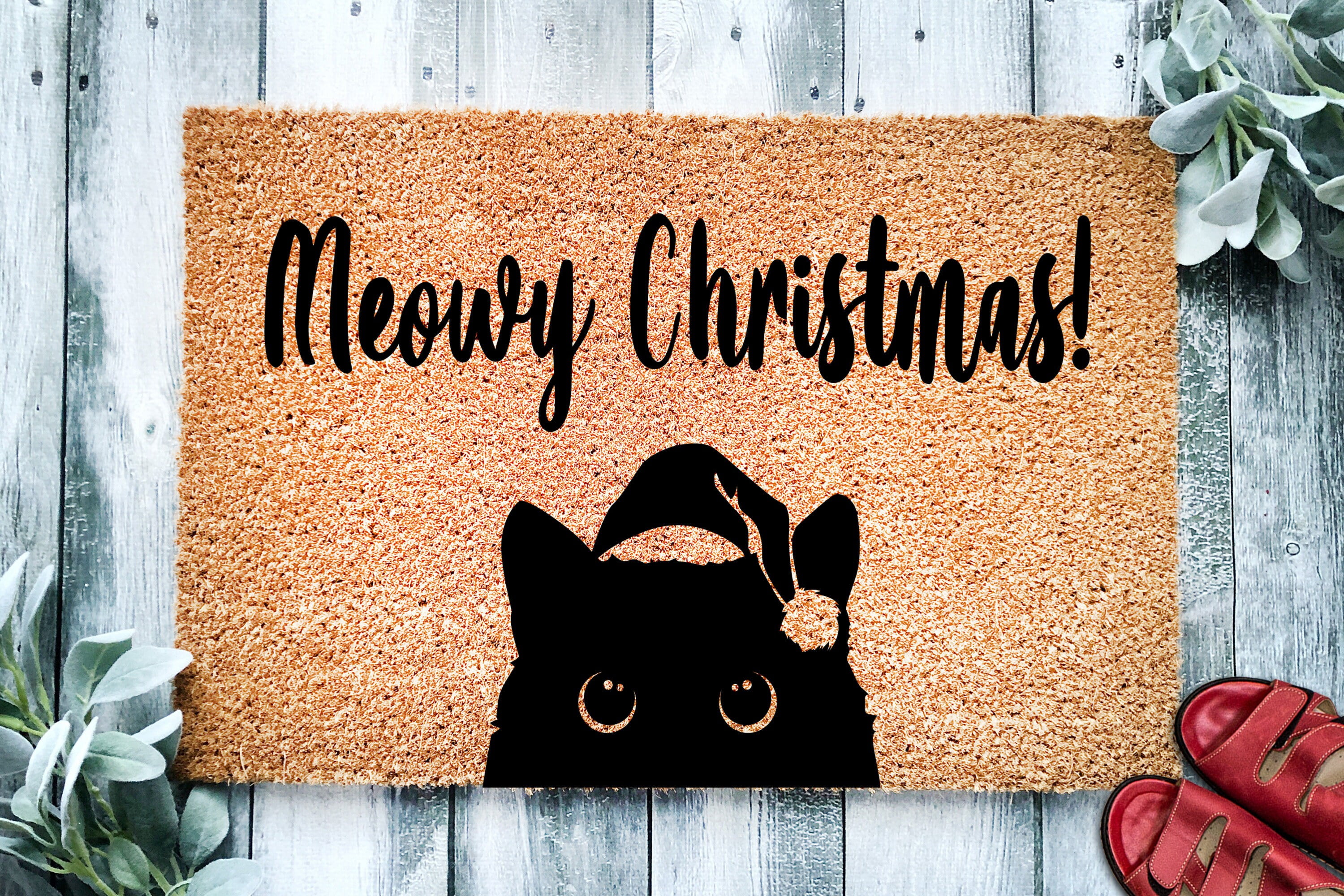 Meowy Christmas Black Cat Bombay | Holiday Cat Peeking Doormat ...
