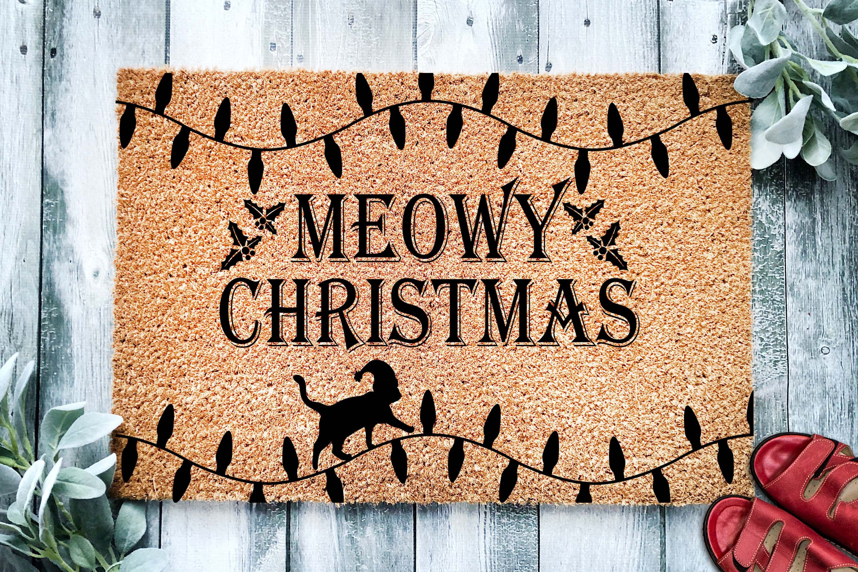Meowy Christmas Cat and Christmas Lights | Holiday Cat Doormat ...