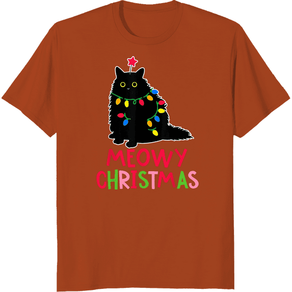 Meowy Christmas Xmas Lights Black Cat Pajamas Family Funny T-Shirt ...